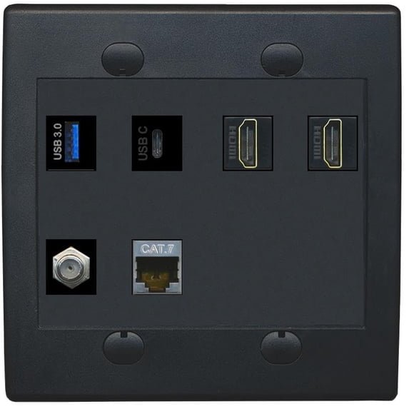 RiteAV USB 3 USB C 2 HDMI Coax Cat7 Wall Plate - Flat 2 Gang [Black ...