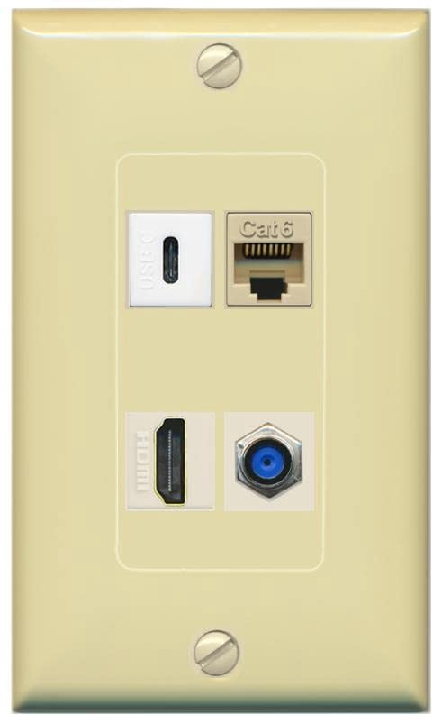 RiteAV USBC HDMI Cat6 Coax F81 Wall Plate - 1 Gang [Ivory/Ivory ...