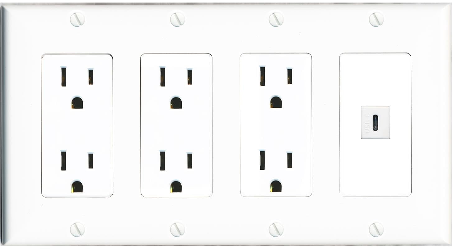 RiteAV USBC Wall Plate 4 Gang with 3 x 15A Duplex Power Outlets ...