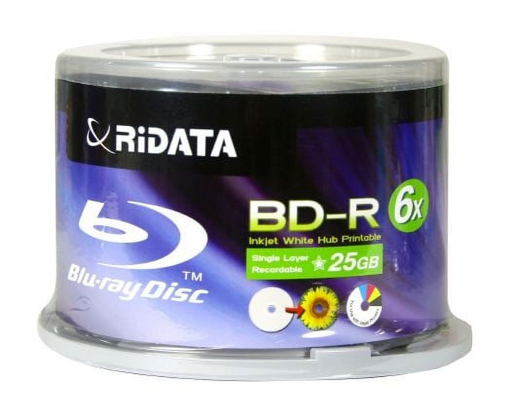 Ritek Ridata Blu-Ray (BD-R) White Inkjet Hub Printable 4X BD-R Media 25GB 50 Pack in Cake Box ...