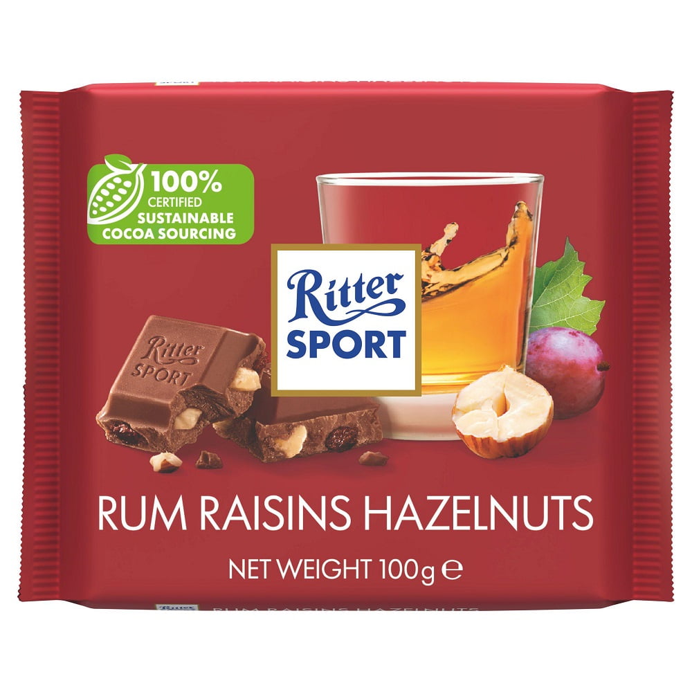 Ritter Sport Milk Chocolate - Rum, Raisin & Hazelnuts, 100g (Pack of 6 ...