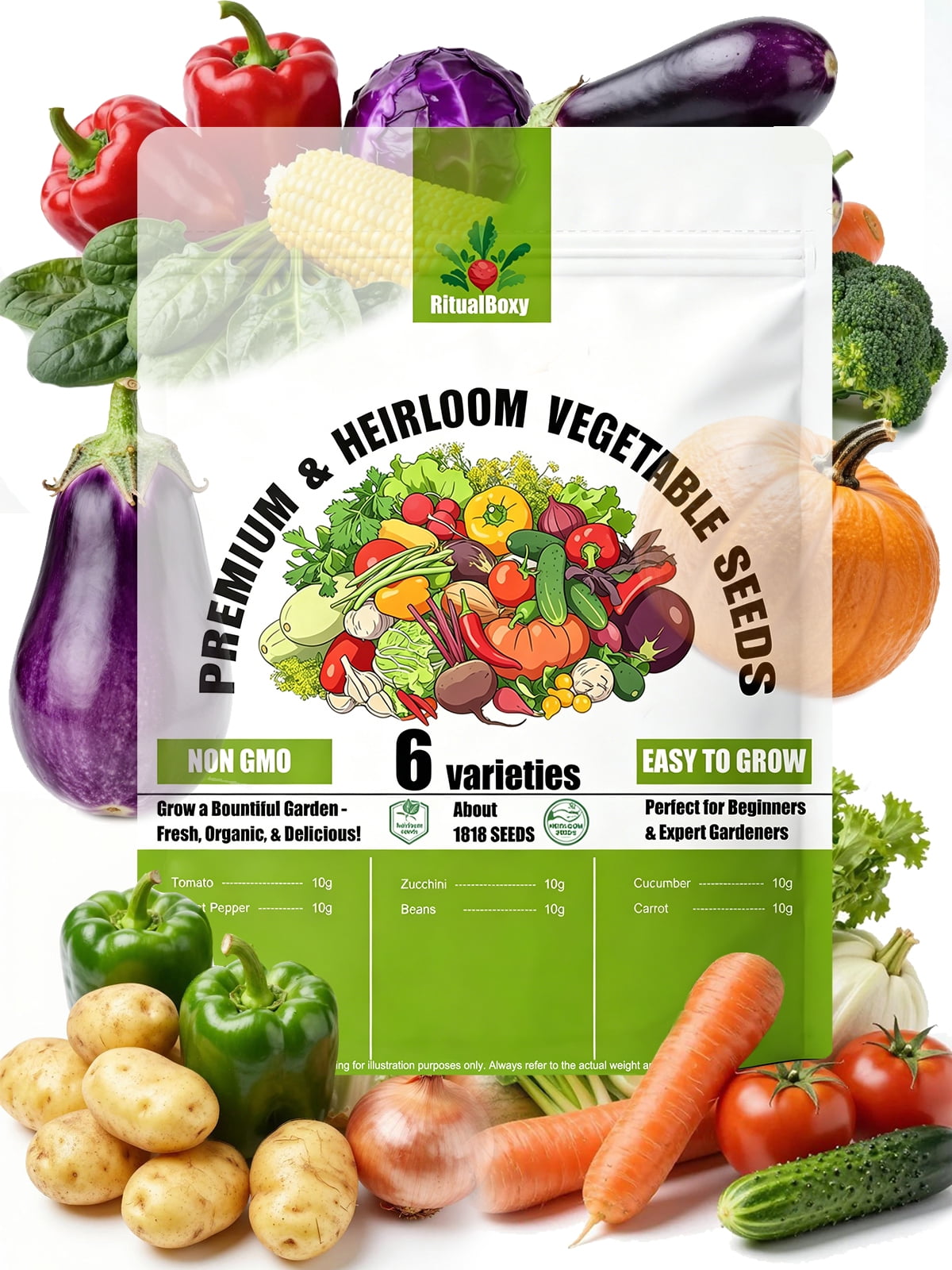 RitualBoxy 6 Vegetable Seed Variety Pack – 1,800+ Non-GMO Seeds ...