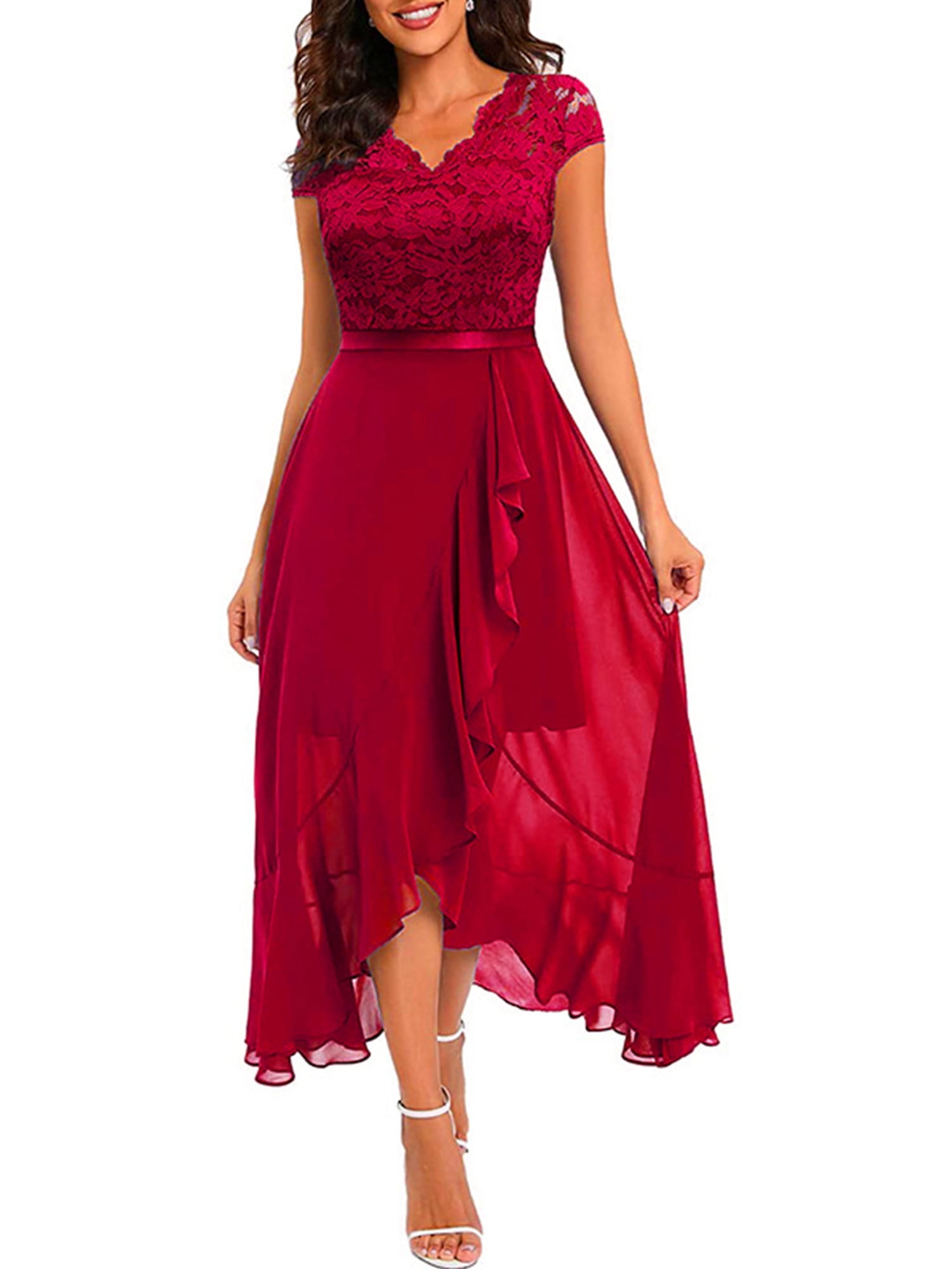 Ritualay Women Ball Gown Floral Lace Maxi Dresses Short Sleeve Sexy Party Long Dress V Neck