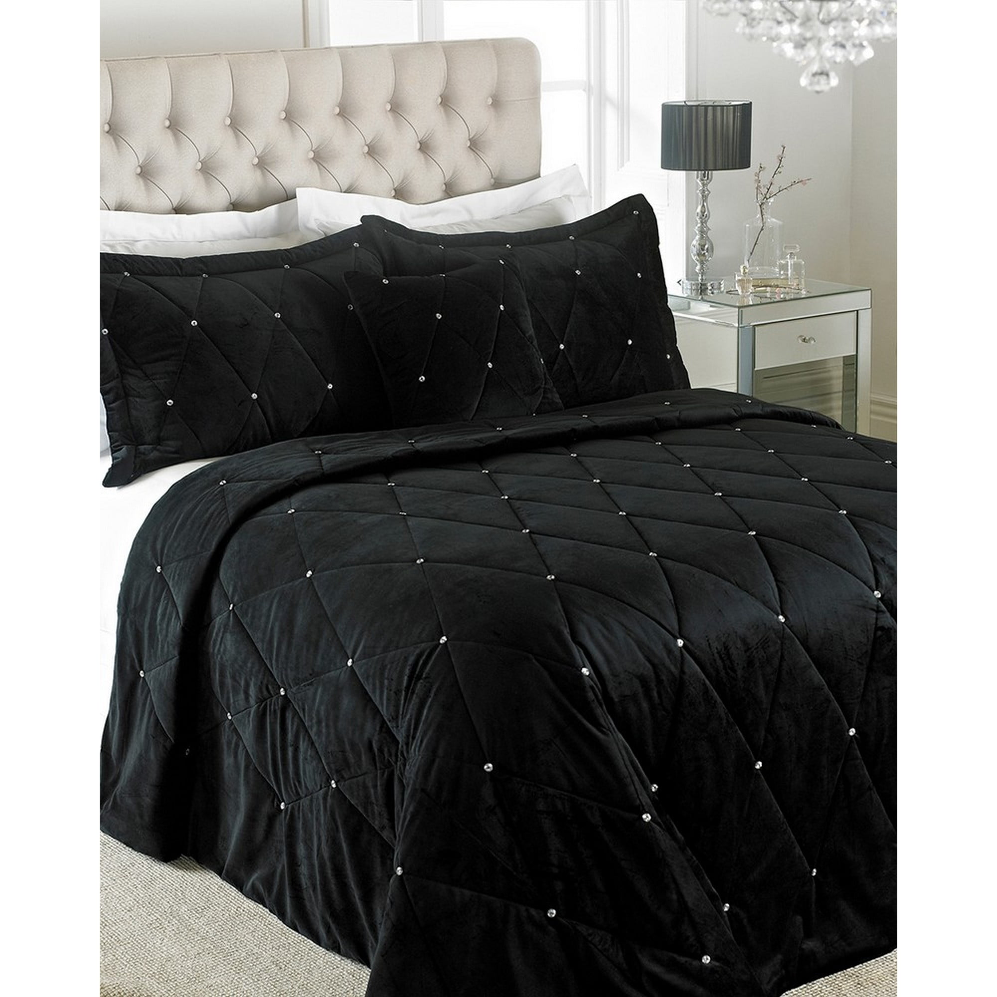 Riva Paoletti Diamante Bedspread Set - Quilted Diamond, Faux Velvet ...