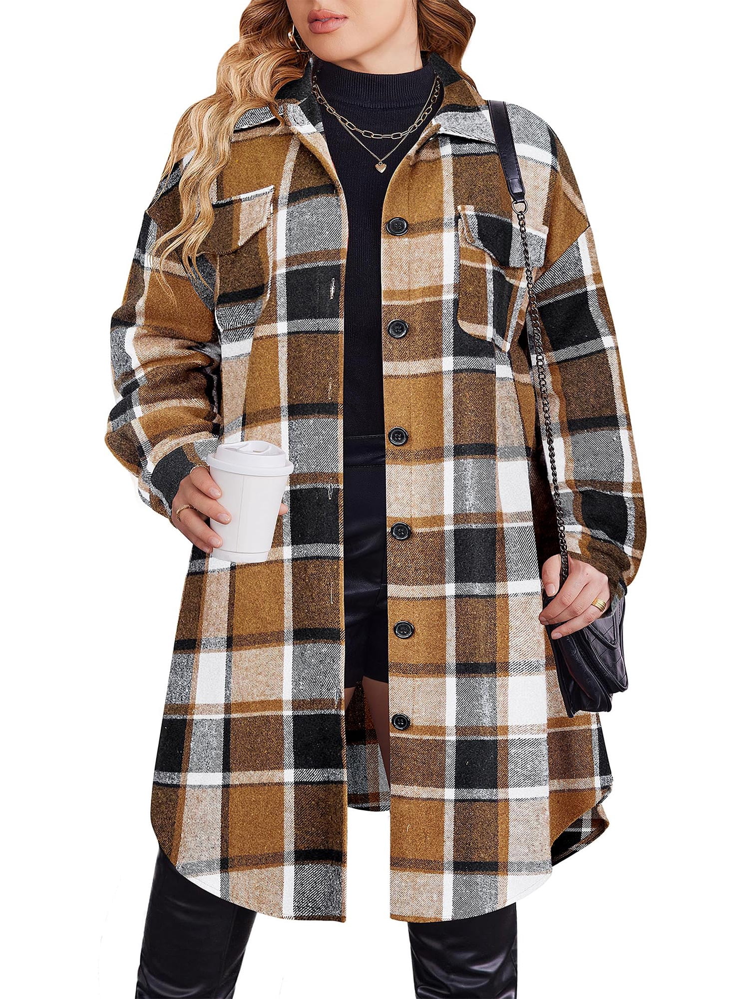Rivelino Plus Size Plaid Shacket Jacket for Women Long Sleeve Button ...
