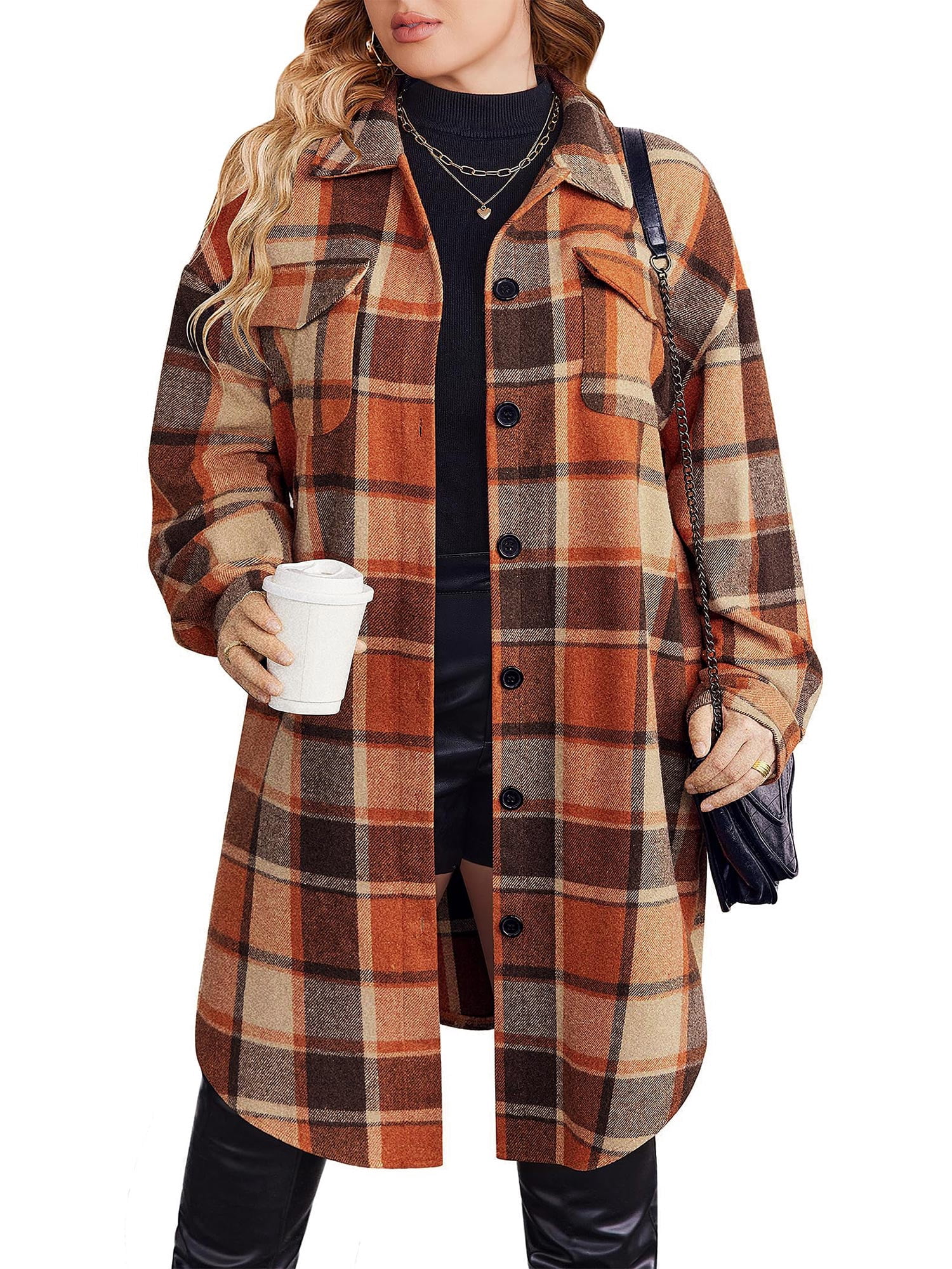 Rivelino Plus Size Plaid Shacket Jacket for Women Long Sleeve Button ...