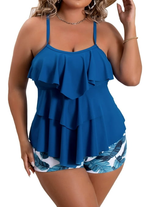 CaiJunJia Women's Plus Size Tankini Swimsuits Tummy Control Two Piece Bathing Suit Ruffled ...