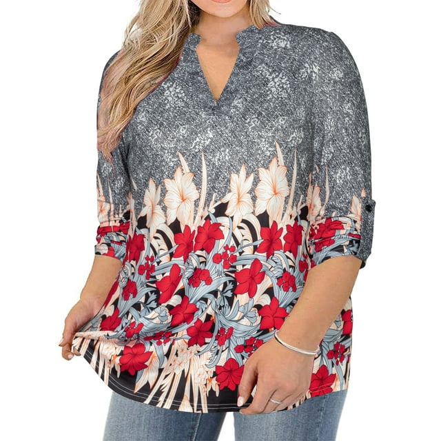 Rivelino Women's Plus Size Tops 3/4 Roll Sleeve Shirts V Neck Blouses ...