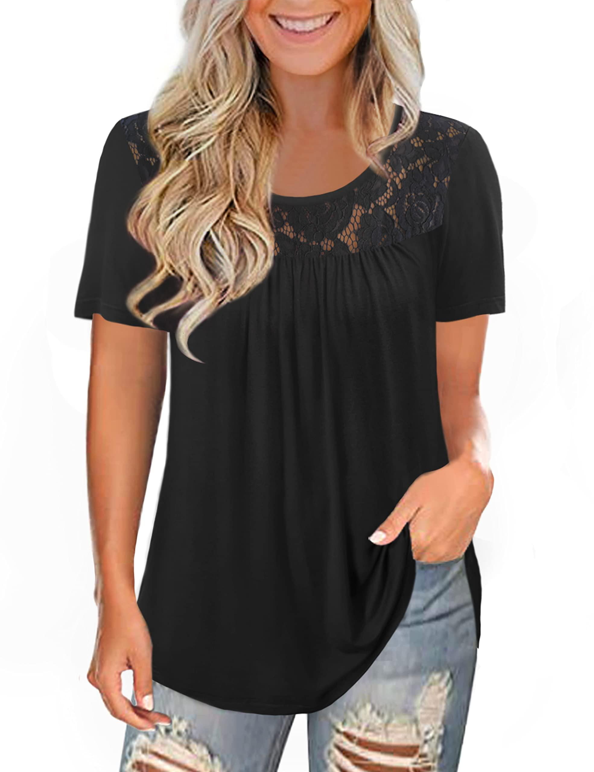 Rivelino Women's Short Sleeve Summer Tops Flowy Lace Pleated Tunic ...