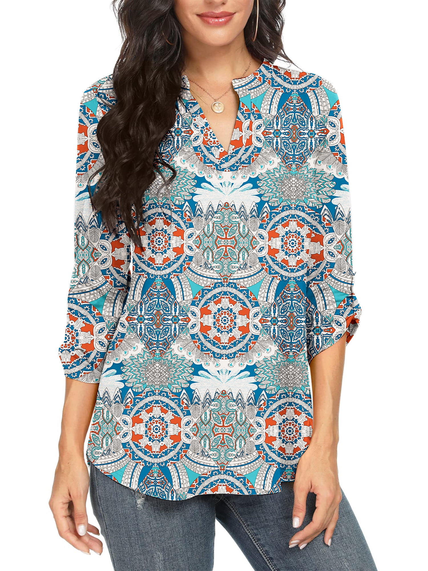 Rivelino Womens 3/4 Sleeve Tunic Tops Floral Printed Notch V Neck ...