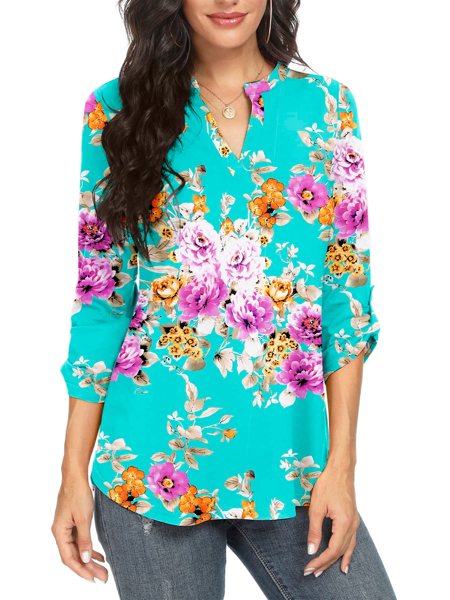 Rivelino Womens 3/4 Sleeve Tunic Tops Floral Printed Notch V Neck ...