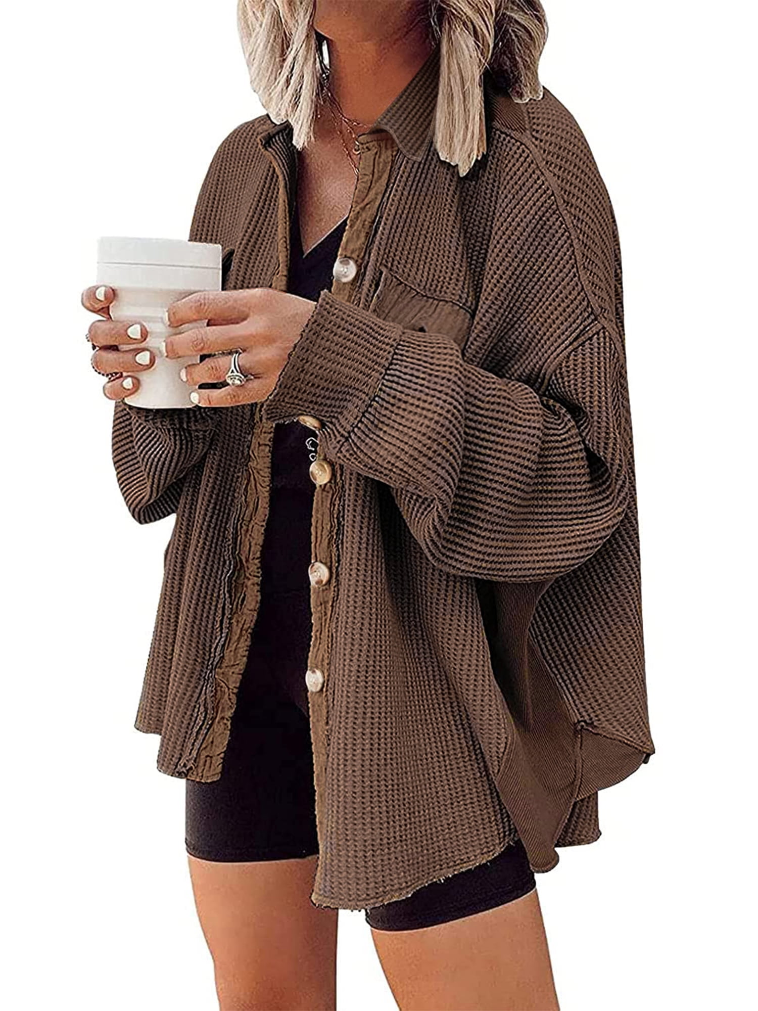 Rivelino Womens Waffle Knit Shacket Boyfriend Shirt Jacket Oversized ...
