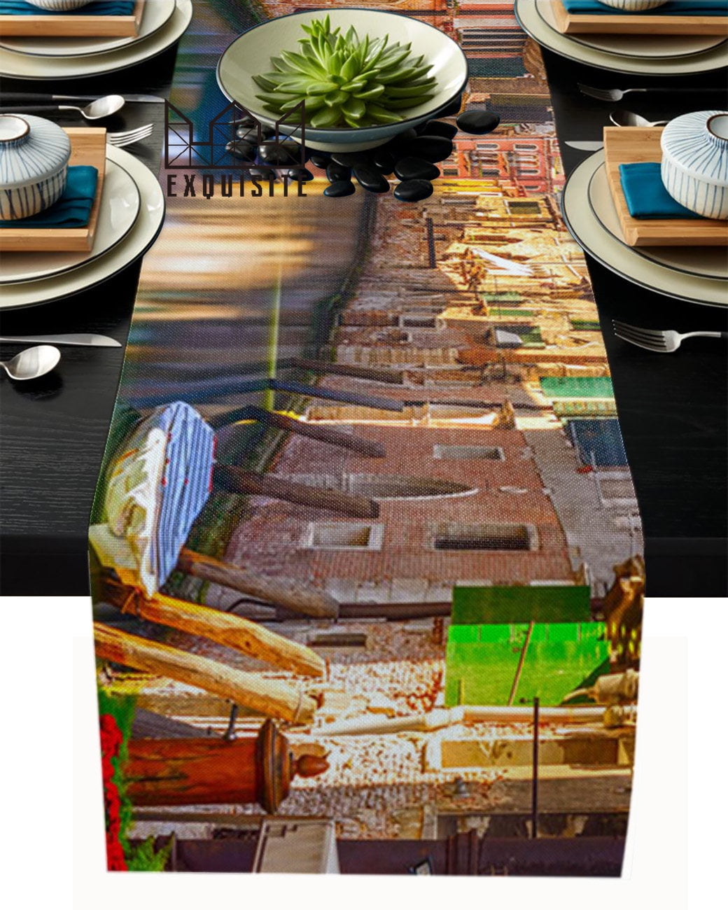 River Boat Travel Water City Building Timber Table Runner ration Home r ...