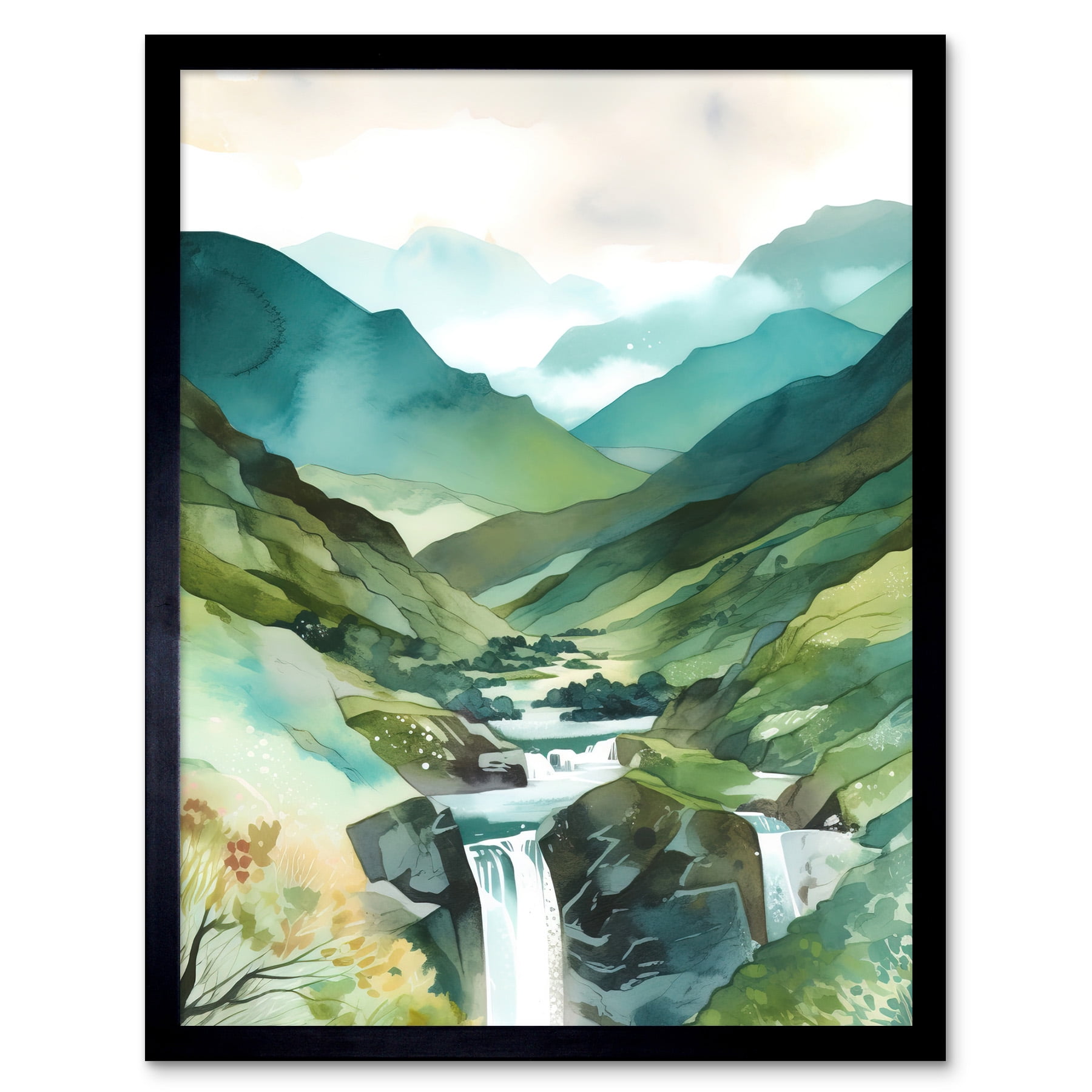 River Cascades Waterfall in Misty Landscape Modern Watercolour Painting ...