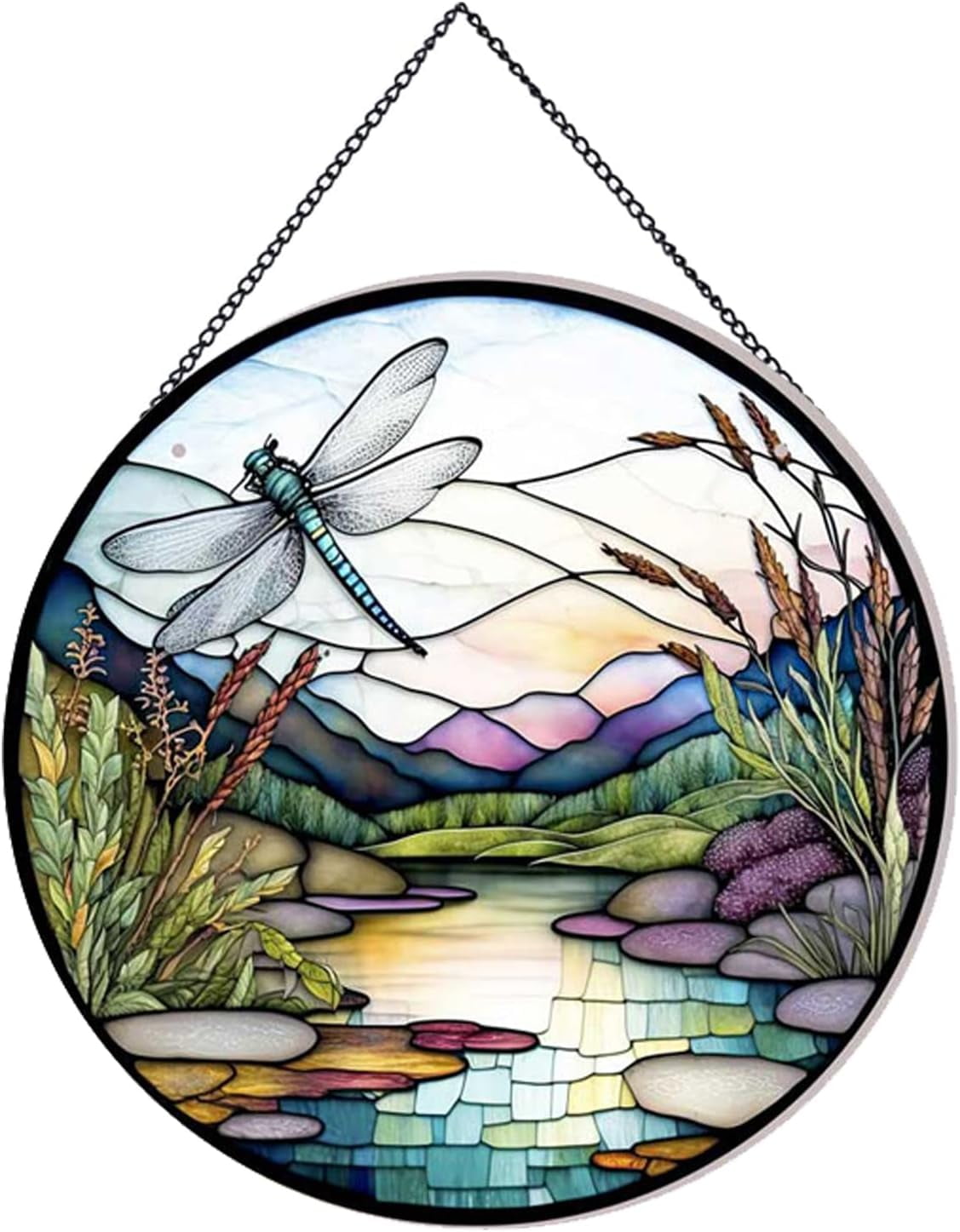 River and Dragonfly Pattern Suncatcher Stained Glass,Hanging Stained ...