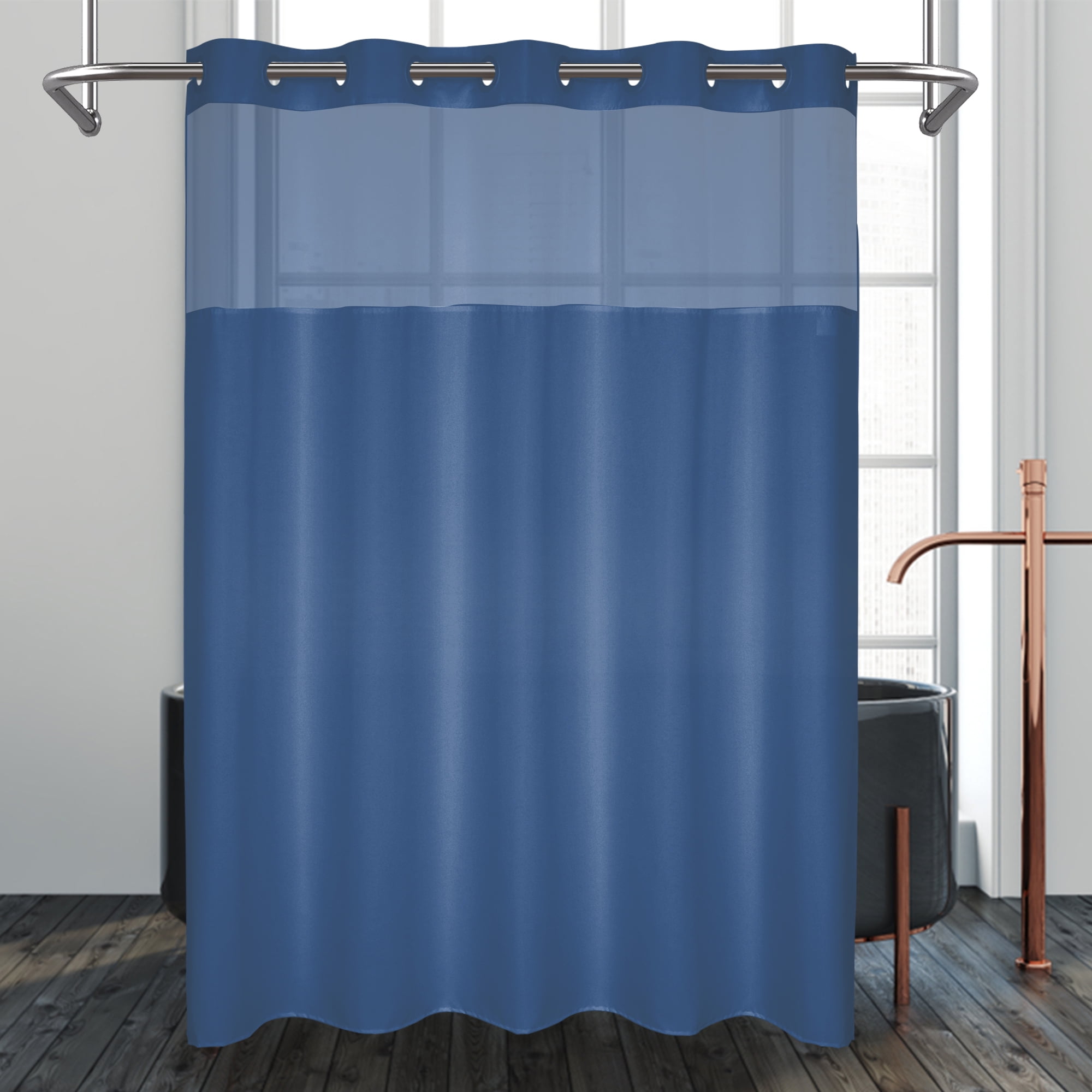 River Dream Navy Blue Fabric Shower Curtain or Liner with Sheer Window ...