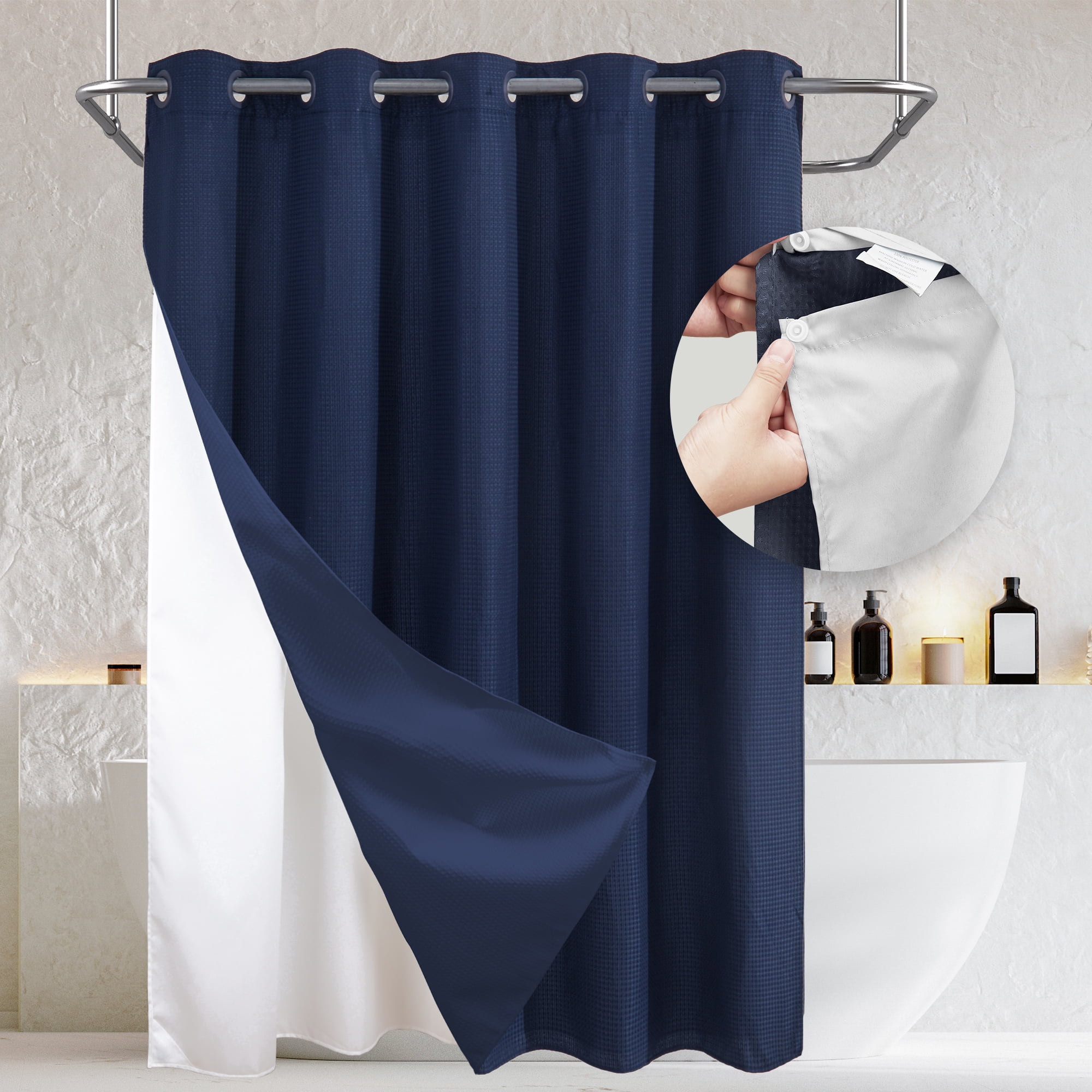 River Dream Navy Blue Waffle Weave Shower Curtain with Snap in Liner,No ...