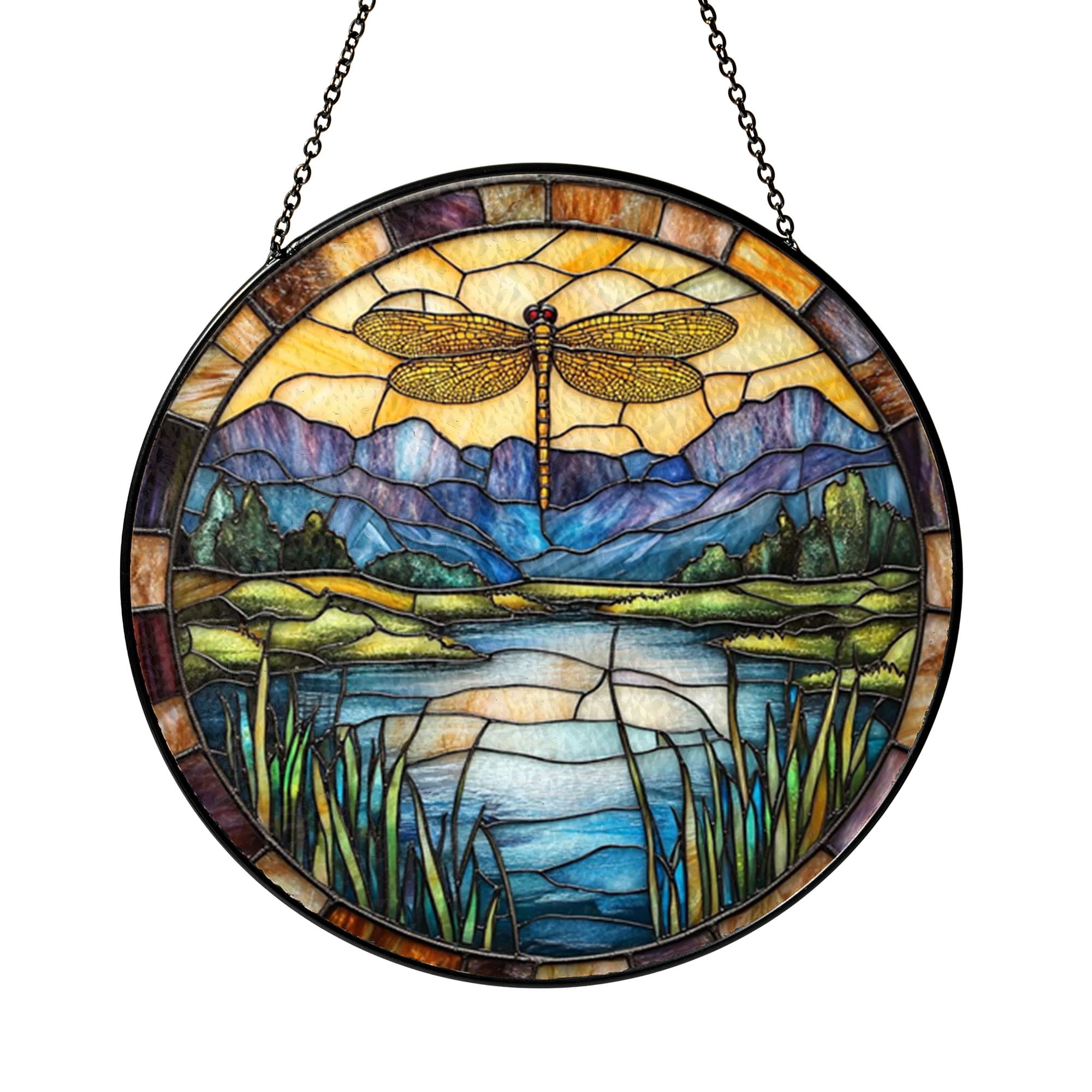 River Landscape Dragonfly Window Hanging – Stained Glass Style Art ...