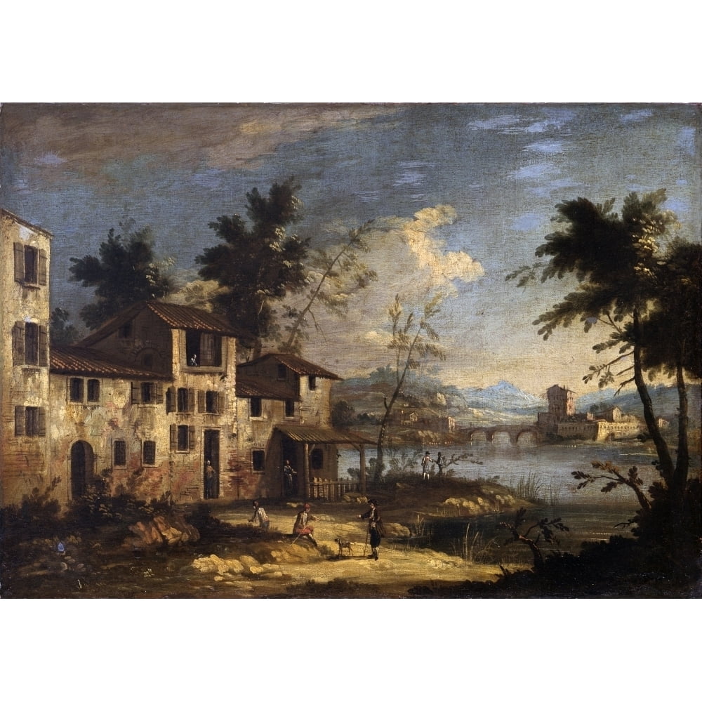 River Landscape With Rural Houses Poster Print (24 x 18) - Walmart.com
