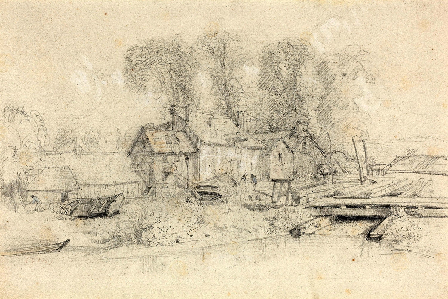 River Landscape with Buildings, Boats, and Figures by Eugene Boudin ...