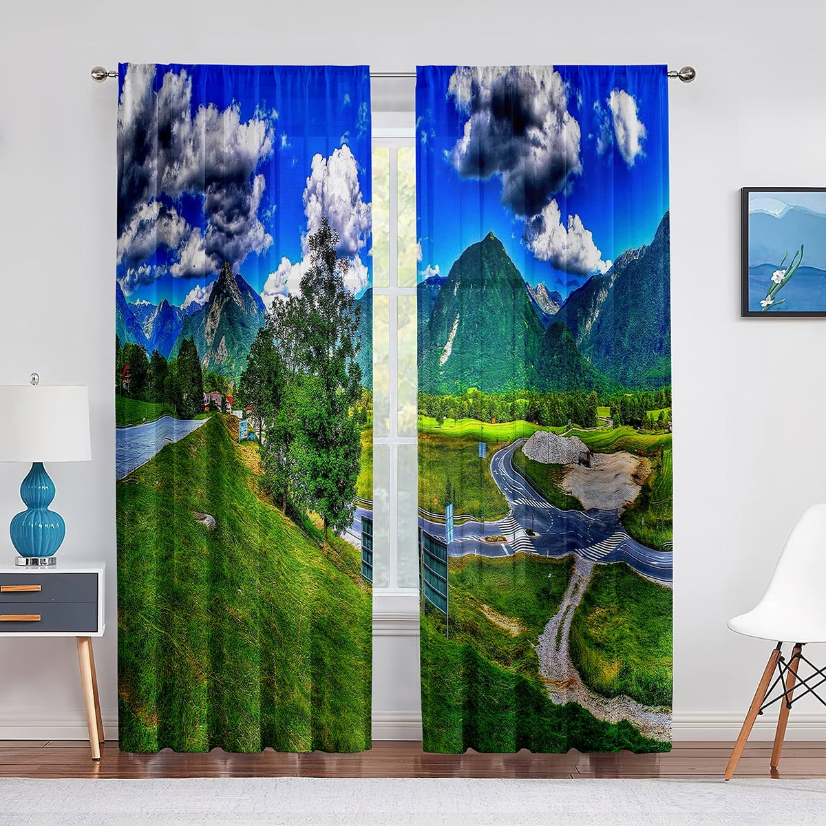 River Mountain Sky Scenery Sun Clouds Tulle Curtains for Kitchen ...