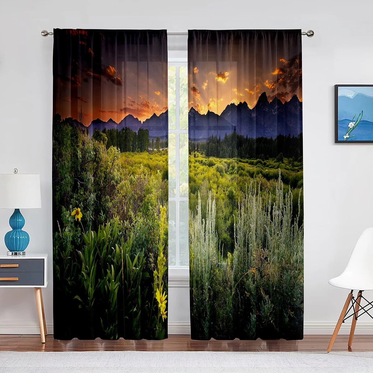River Mountain Sky Scenery Sun Clouds Tulle Curtains for Kitchen ...