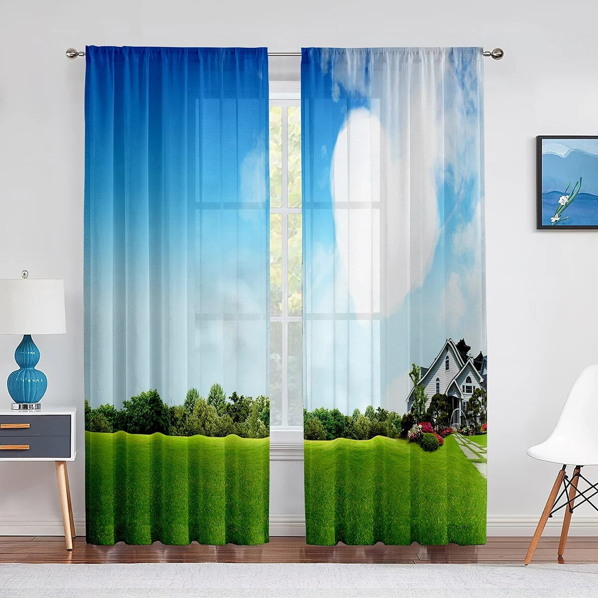 River Mountain Sky Scenery Sun Clouds Tulle Curtains for Kitchen ...