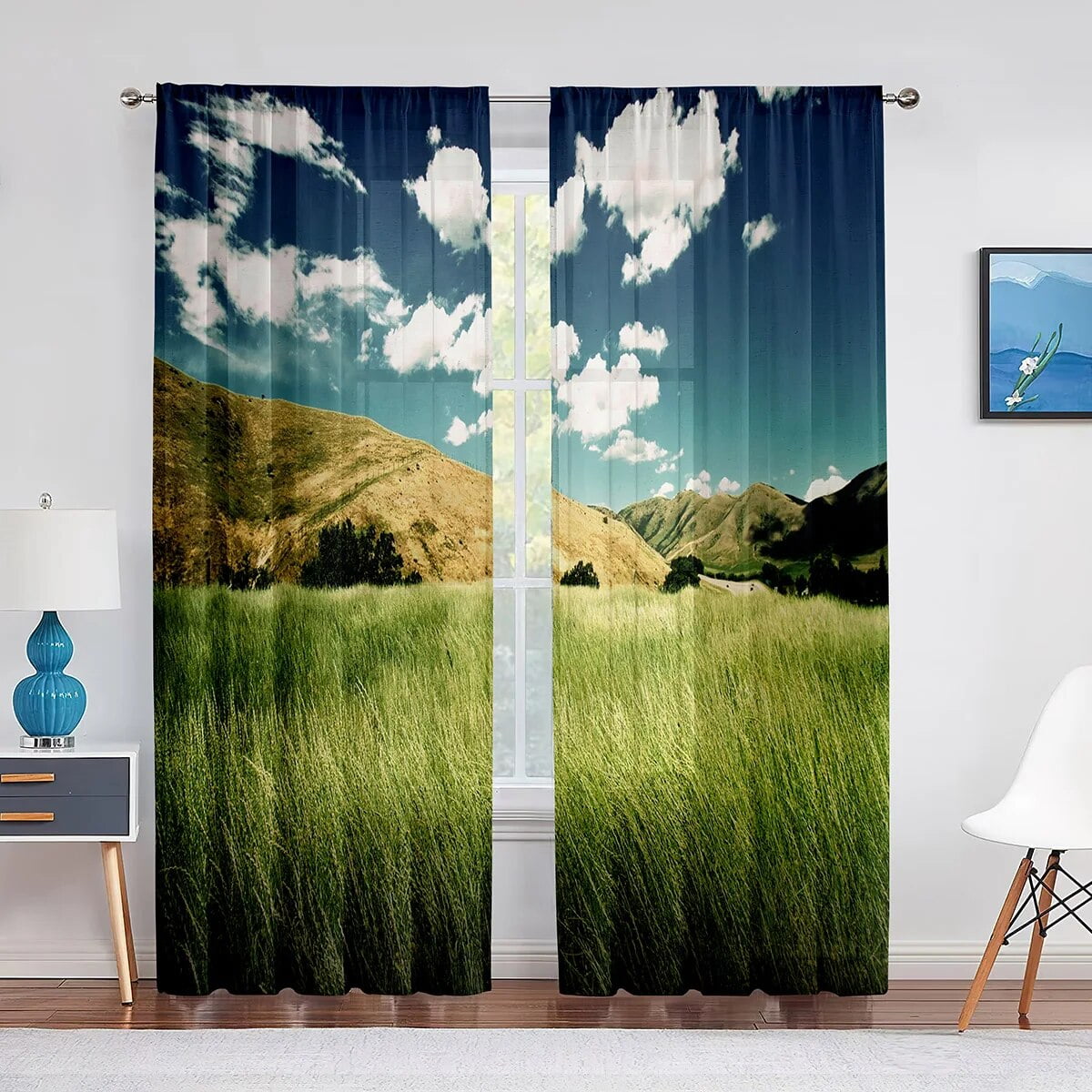 River Mountain Sky Scenery Sun Clouds Tulle Curtains for Kitchen ...