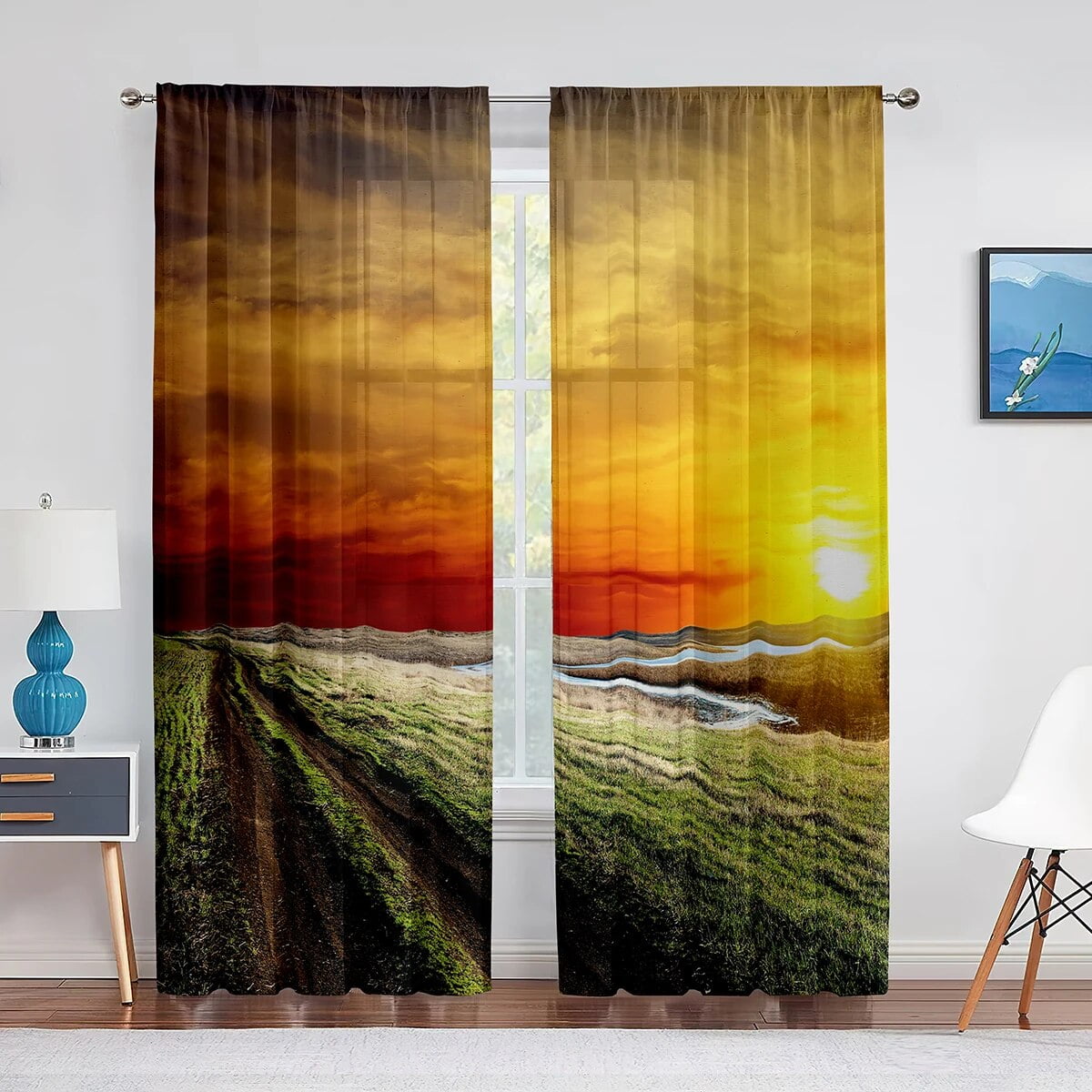 River Mountain Sky Scenery Sun Clouds Tulle Curtains for Kitchen ...