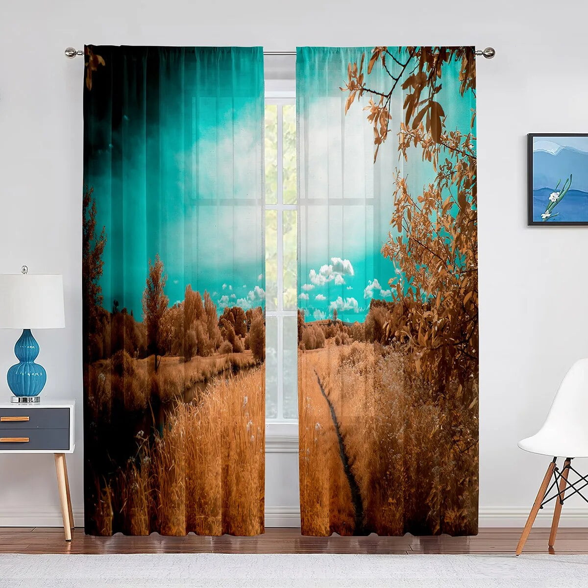 River Mountain Sky Scenery Sun Clouds Tulle Curtains for Kitchen ...
