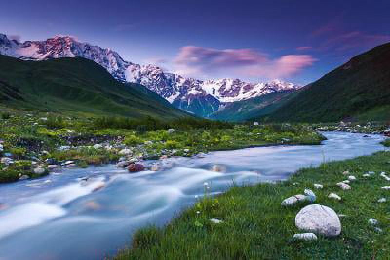 River in Mountain Valley at the Foot of Mt Shkhara Upper Svaneti ...
