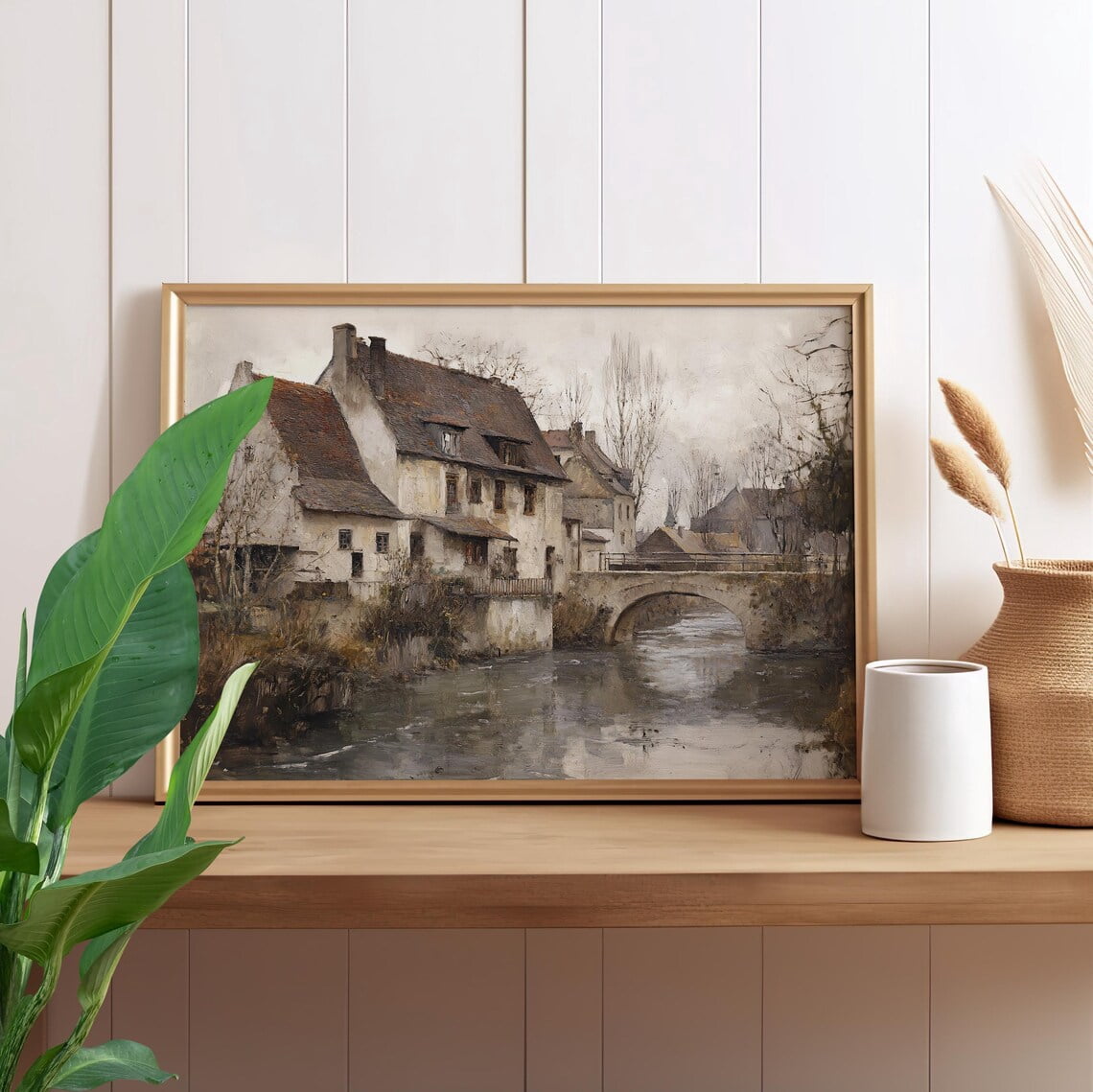 River In An Old Town Vintage Landscape Rustic Painting Poster, Muted ...