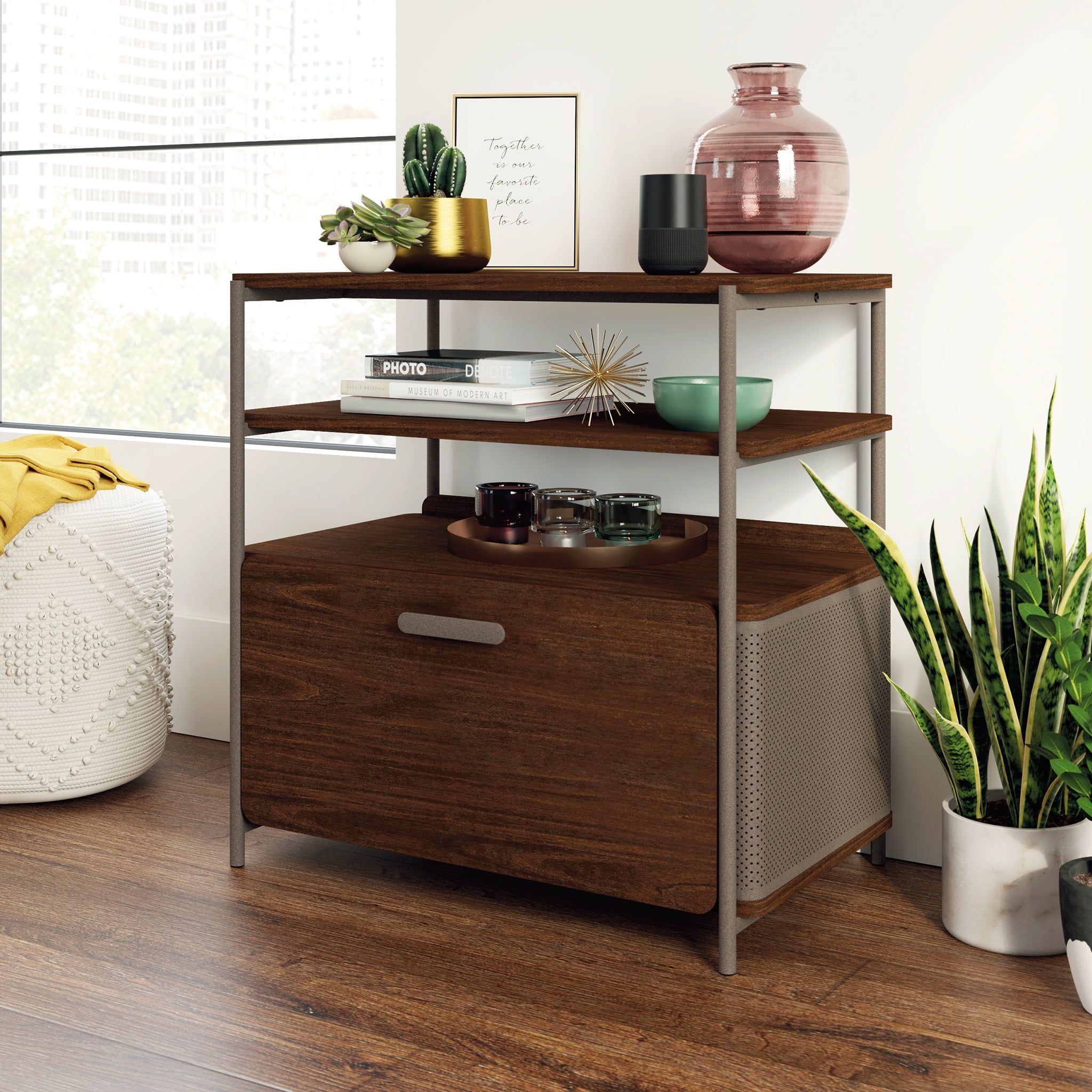 River Street Designs Modern File Cabinet with Open Shelves, Umber Wood ...