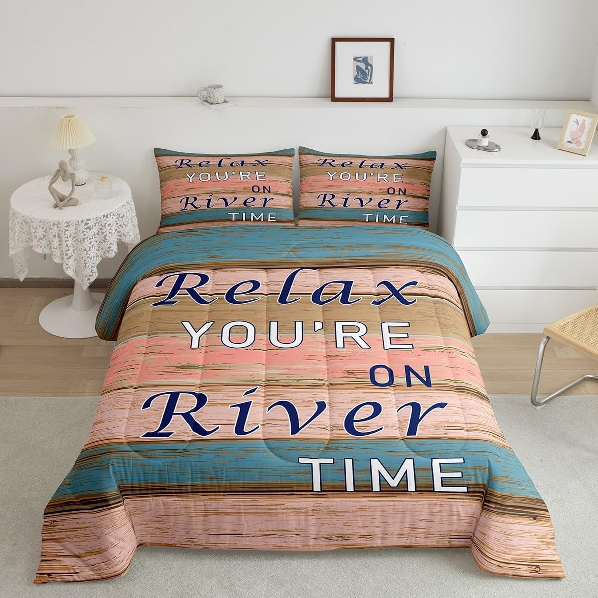 River Theme King Size Comforter Set, Kids Vintage Wood Panels Decor All ...