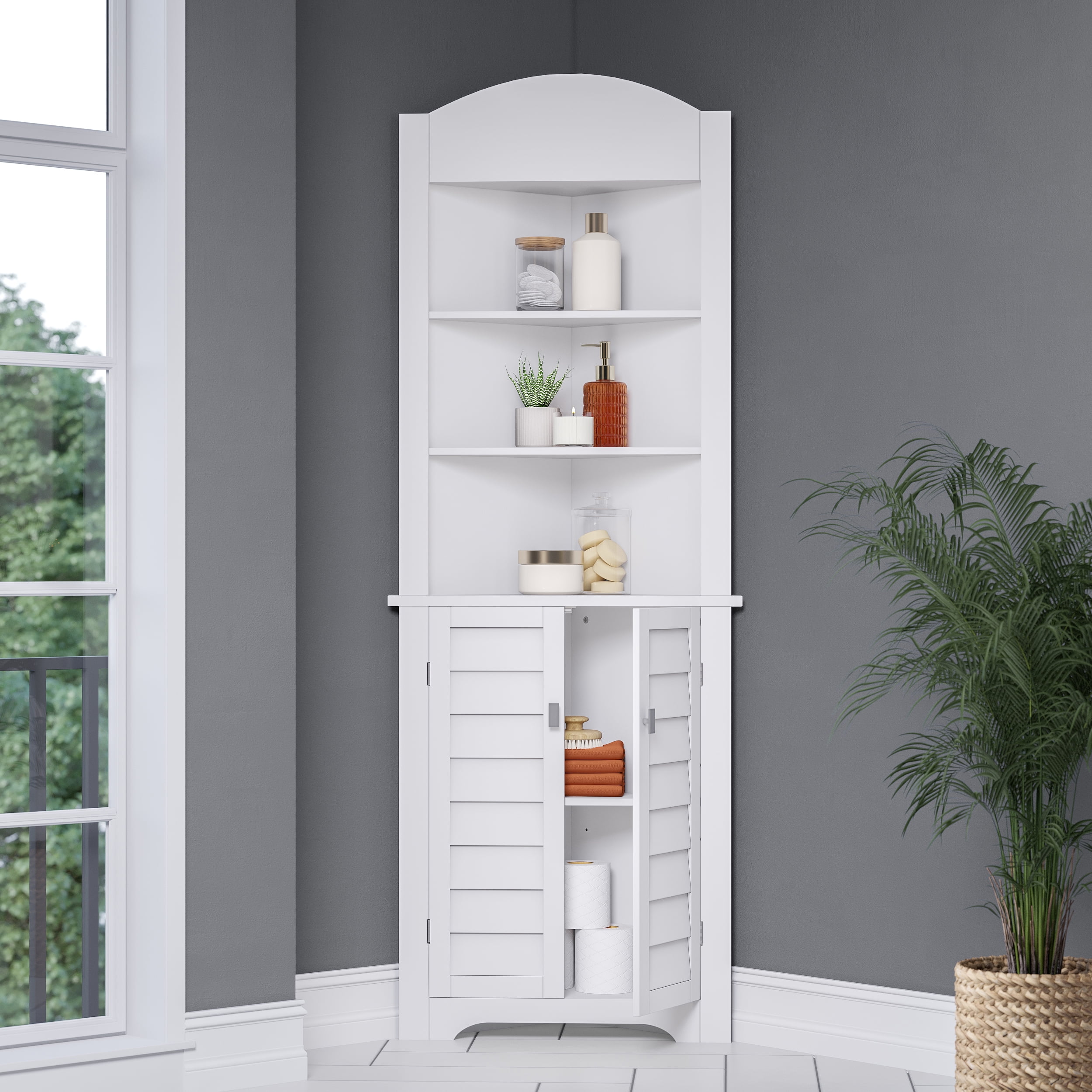 RiverRidge Brookfield Tall Corner Bathroom Linen Cabinet Storage ...