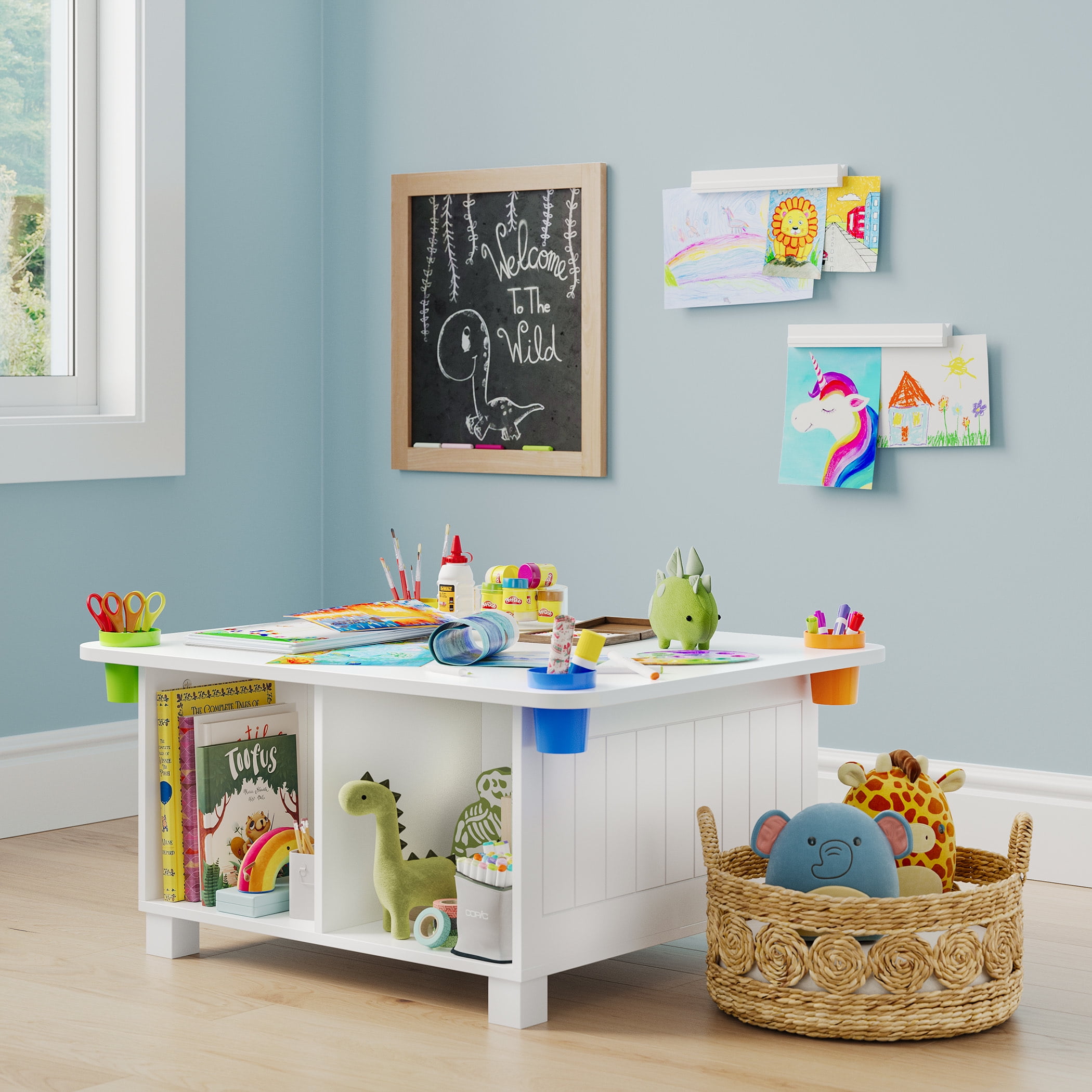 RiverRidge Kids Art Activity Table Desk with 4 Cubbies, 4 Storage Cups ...