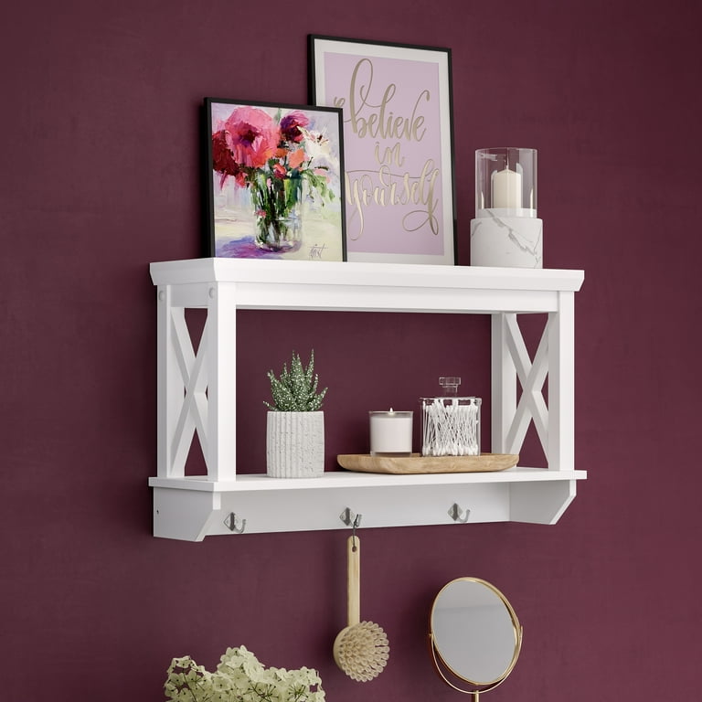 White shelf with hooks for bathroom store