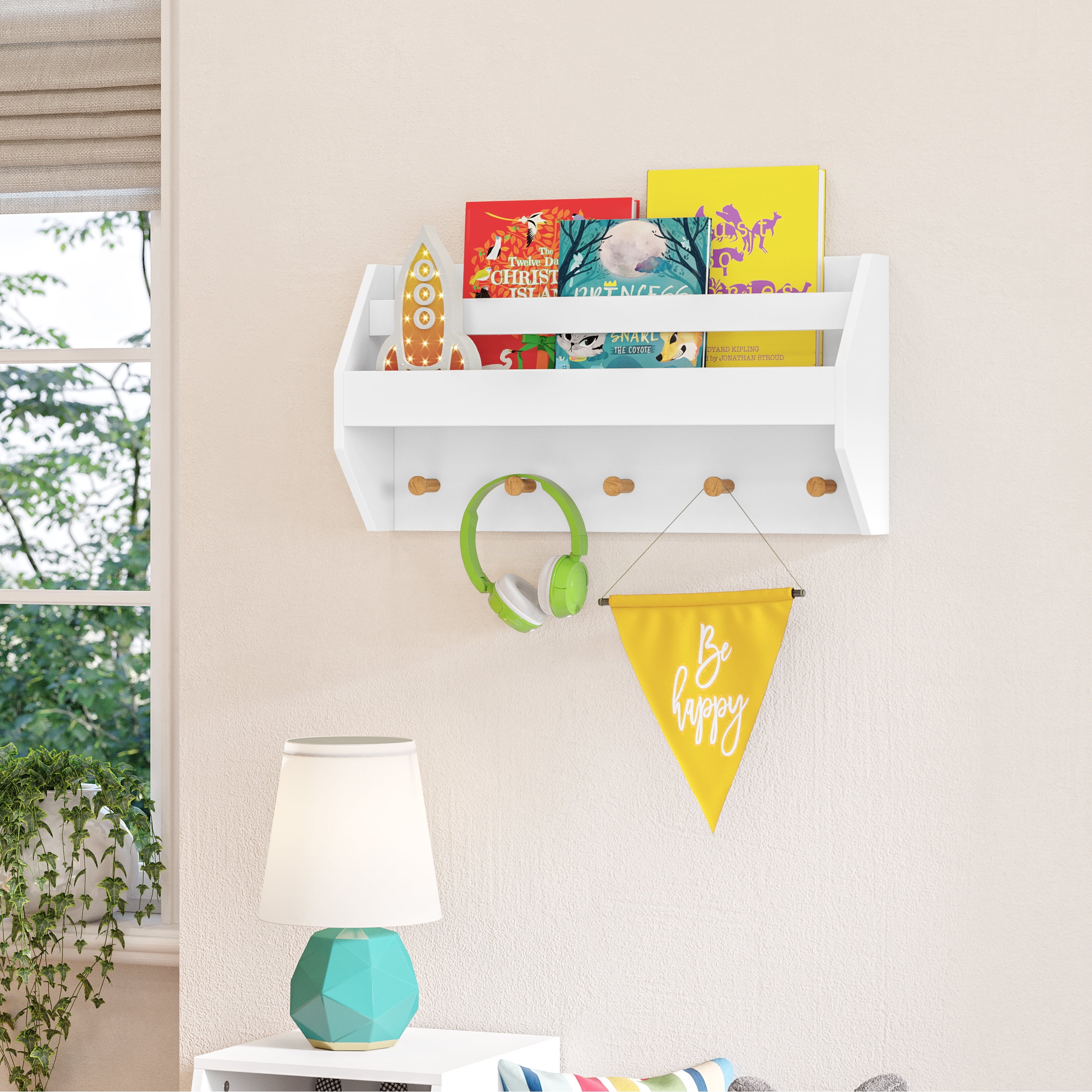 RiverRidge Kids Catch-All Wall Bookshelf with Bookrack and Hooks ...