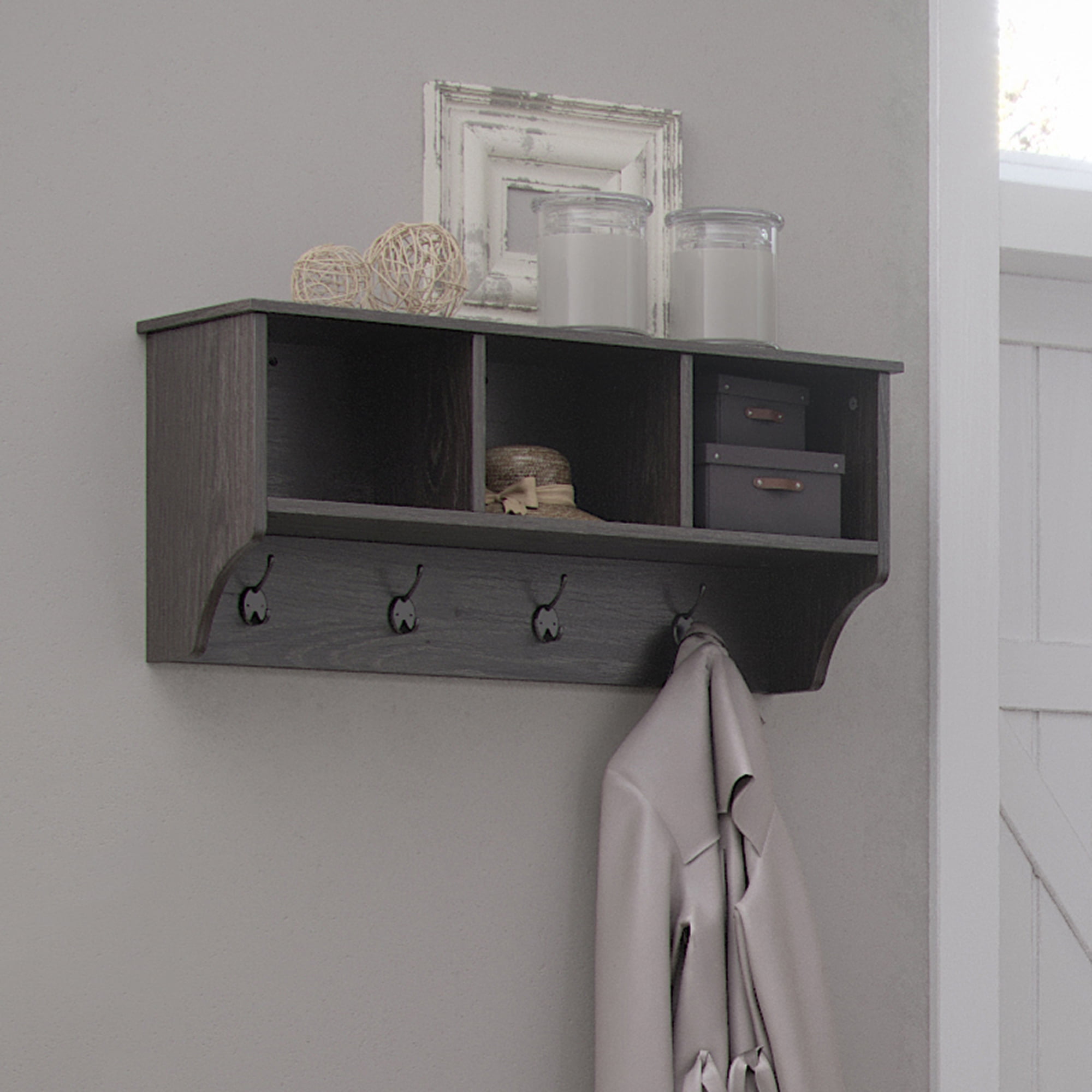 RiverRidge Woodbury Entryway Wall Shelf with Coat Rack Cubby Storage ...