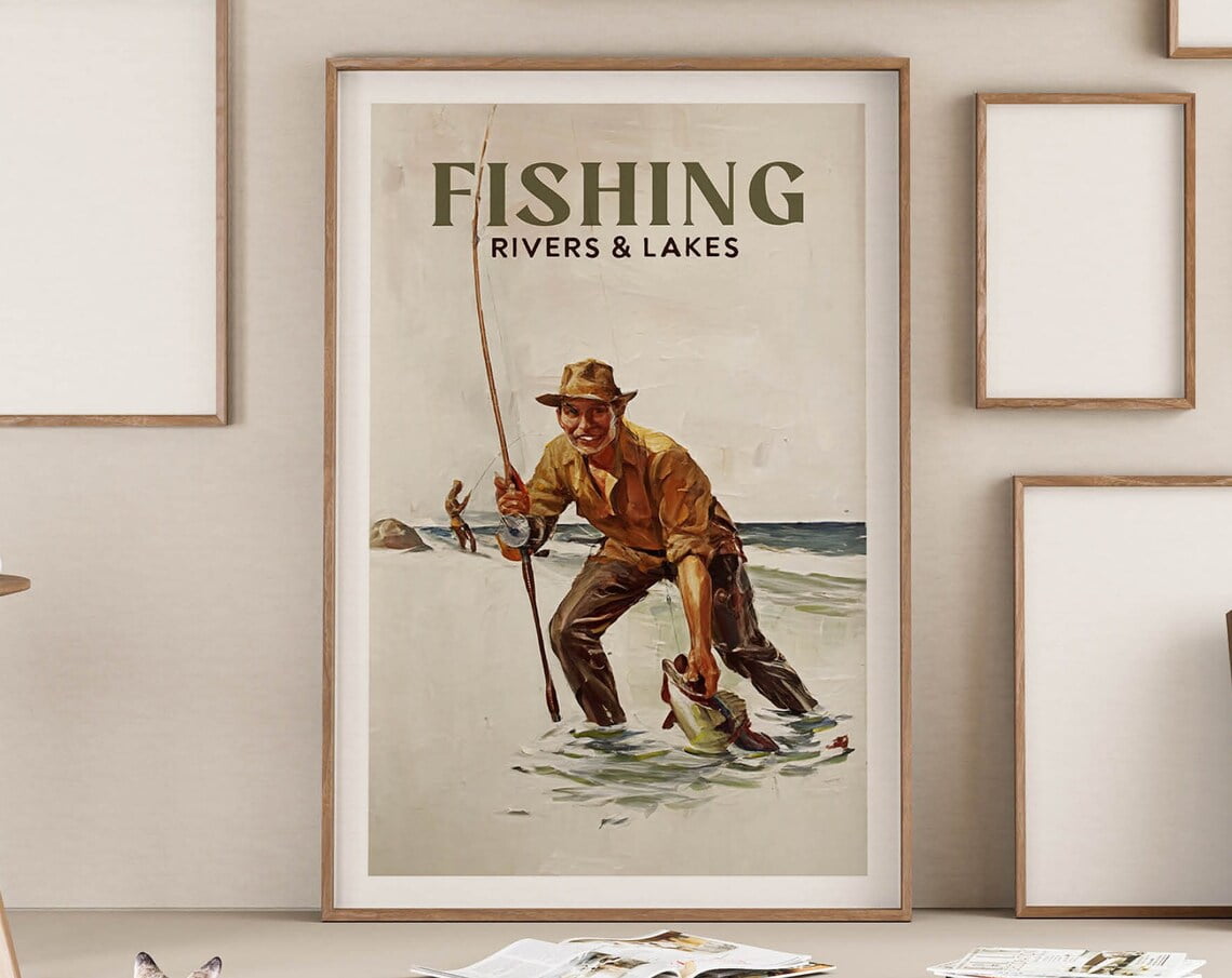 Rivers + Lakes Fishing Print Vintage Fishing Poster Retro Fishing Wall Decor Art Fishing Wall ...