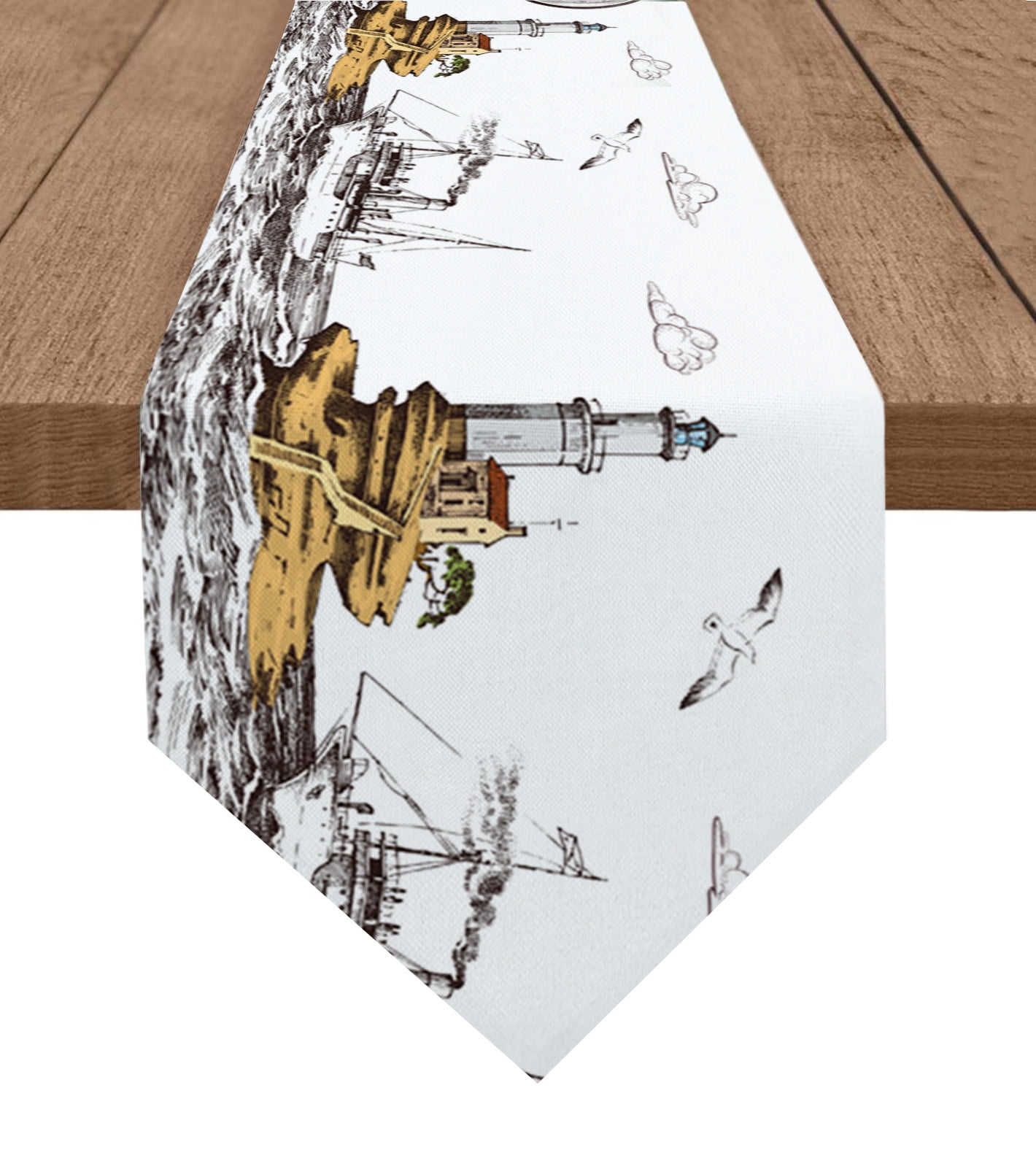 Riverside Boat Tree Flying Bird Illustration Art Table Runner Home Table r Cotton Linen Table ...