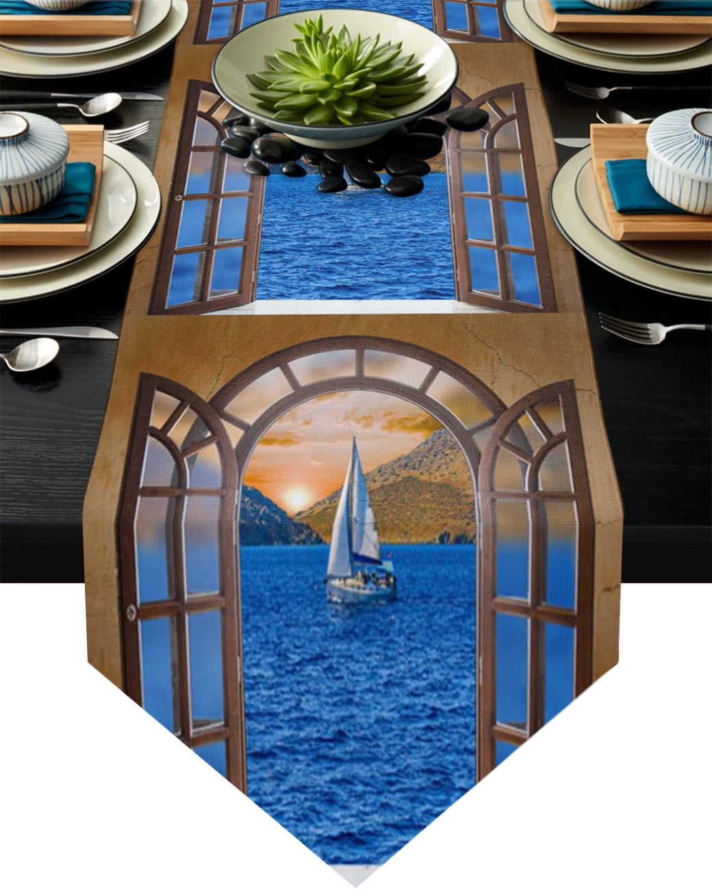 Riverside Boat Tree Flying Bird Illustration Art Table Runner Home Table r Cotton Linen Table ...