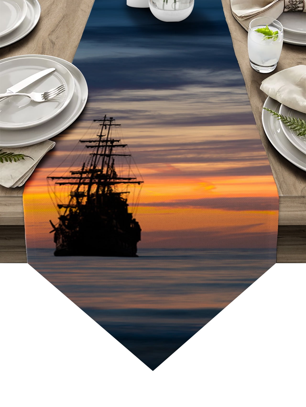 Riverside Boat Tree Flying Bird Illustration Art Table Runner Home Table r Cotton Linen Table ...