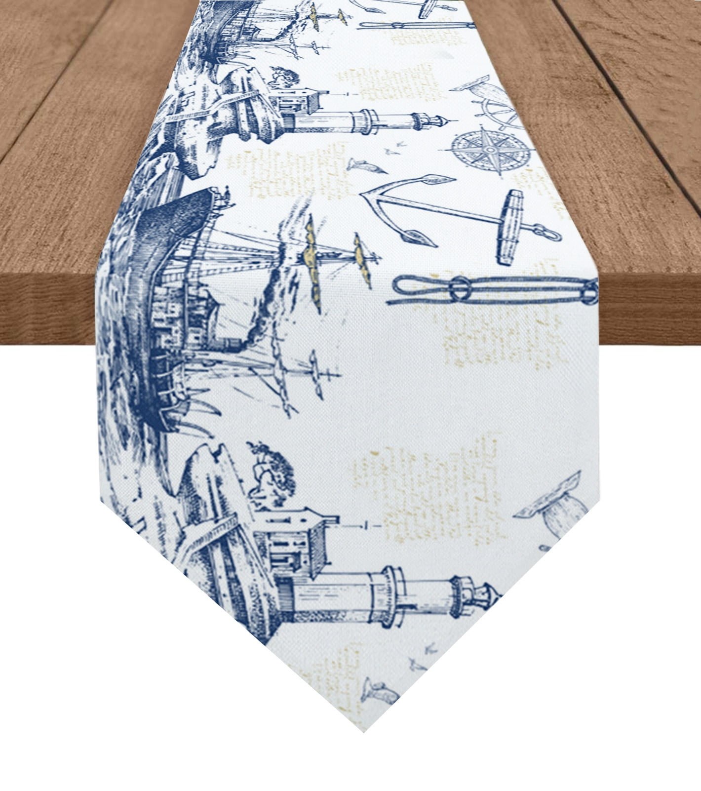 Riverside Boat Tree Flying Bird Illustration Art Table Runner Home Table r Cotton Linen Table ...