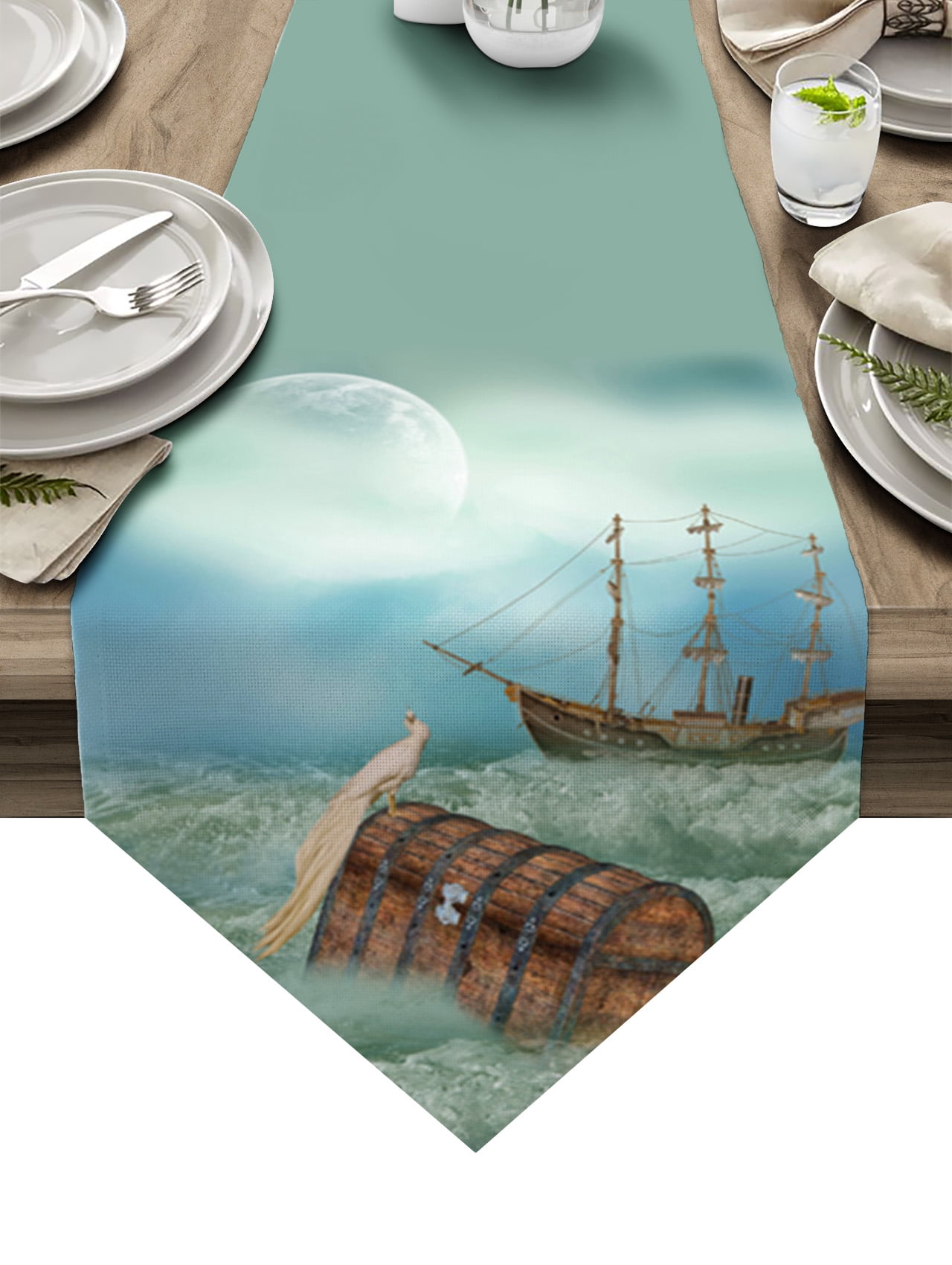 Riverside Boat Tree Flying Bird Illustration Art Table Runner Home Table r Cotton Linen Table ...