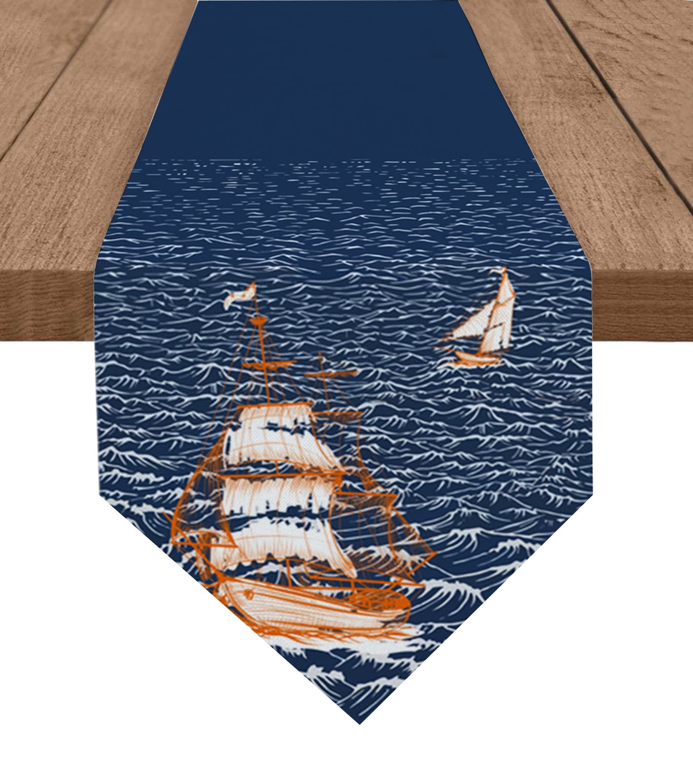 Riverside Boat Tree Flying Illustration Art Table Runner Home Table r Cotton Linen Table Flag ...