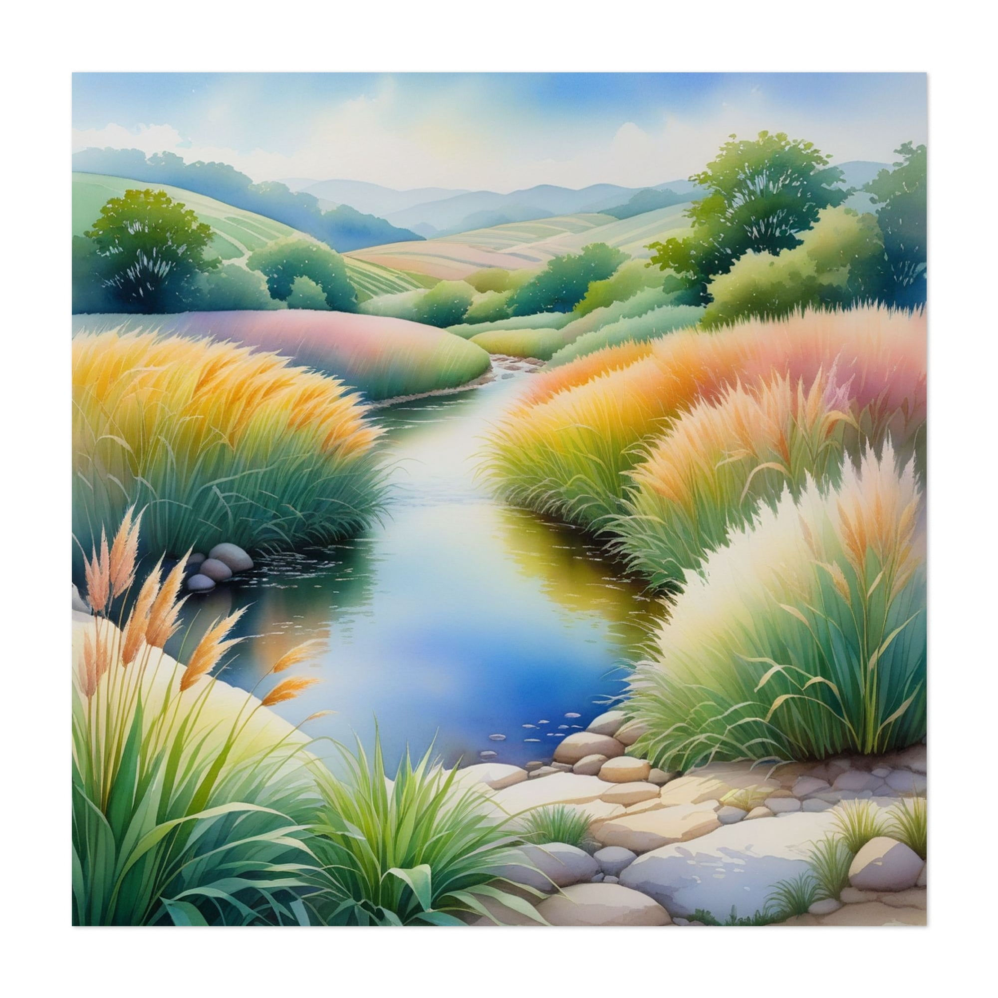 Riverside Serenity - Painting Watercolor Landscape Nature Pastoral ...
