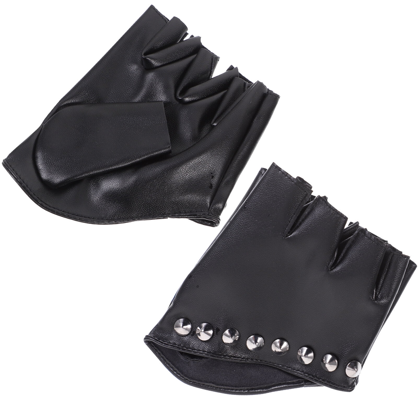 Rivet Gloves Black Leather Half Women Fingerless Goth Cosplay Womens ...