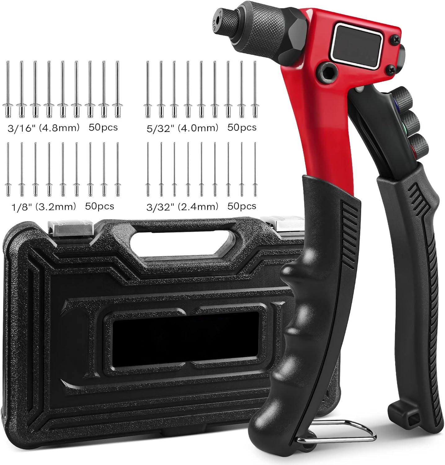 Rivet Gun with 200Pcs Rivets, Manual Rivet Gun Kit with 4 Tool-Free Interchangeable Rivet Heads ...