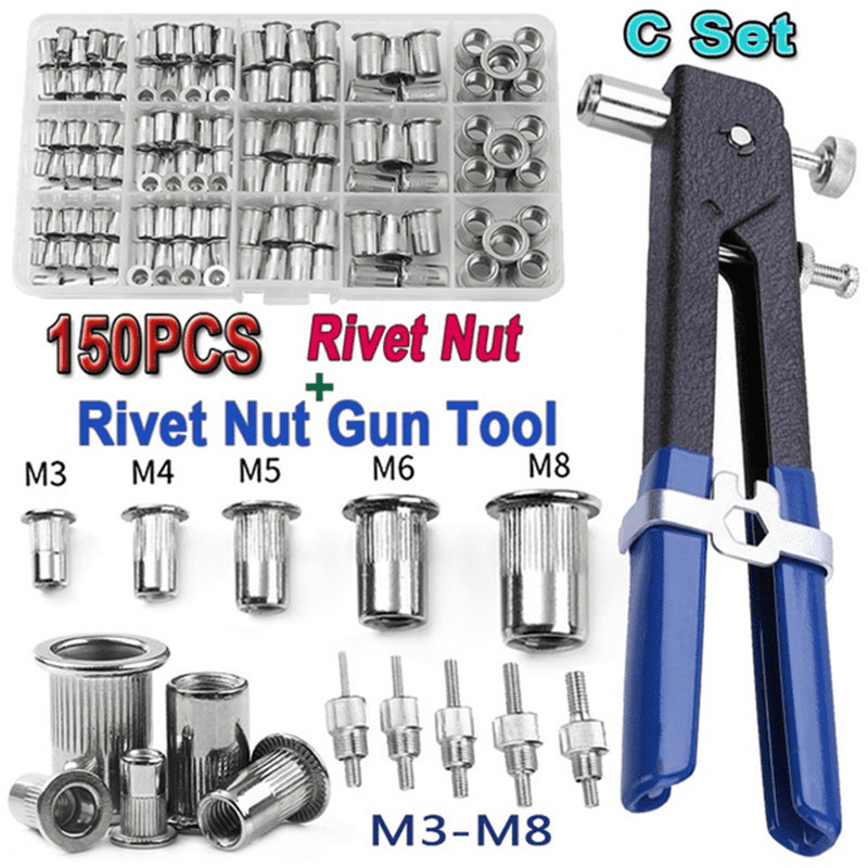 Rivet Nut Tool Kit, 150Pcs Metric Rivet nut Assortment Kit M3 M4 M5 M6 M8 with a Step Drill Bit ...